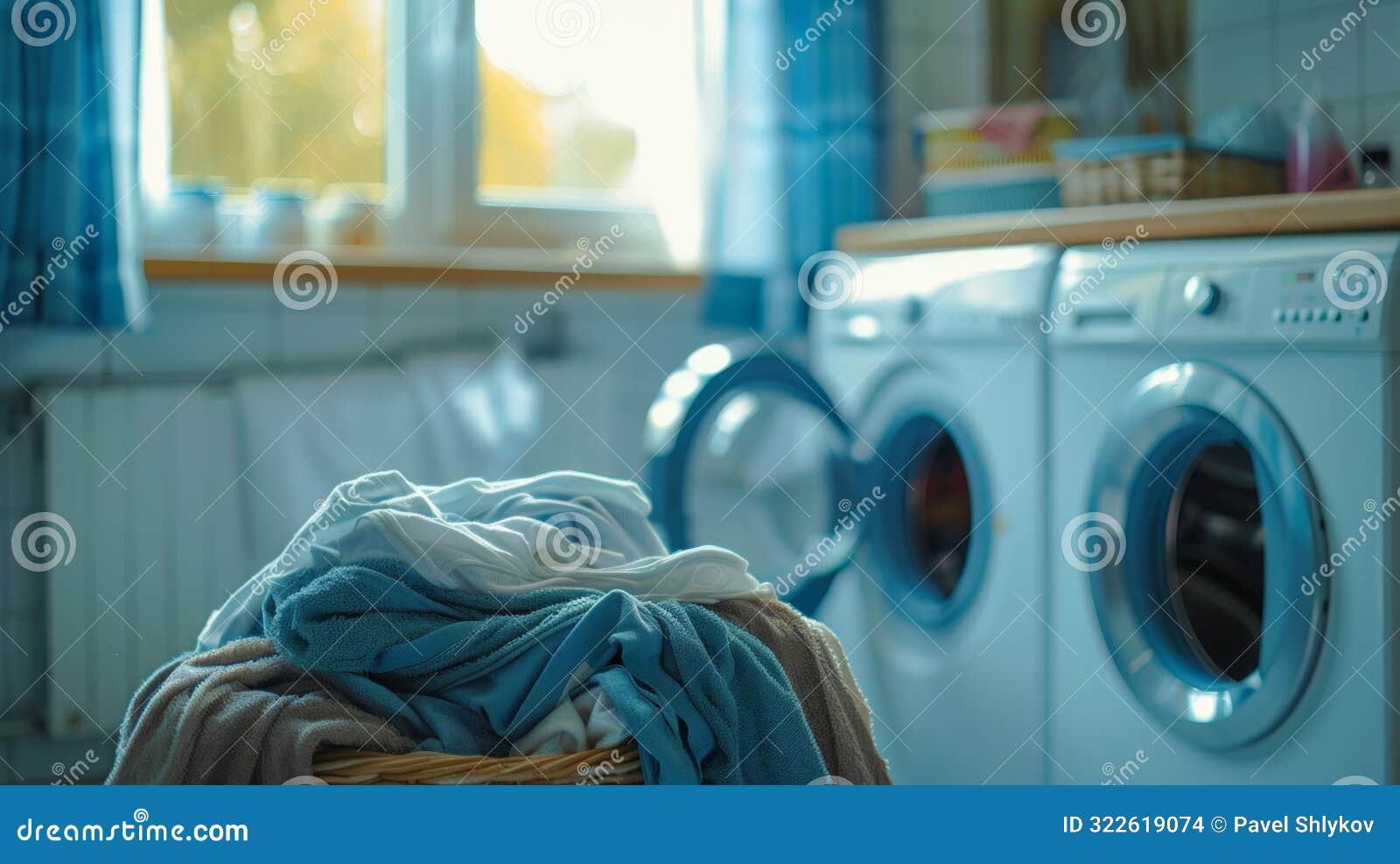 Linen in Front of Modern Washing Machine at Laundry Stock Photo - Image ...
