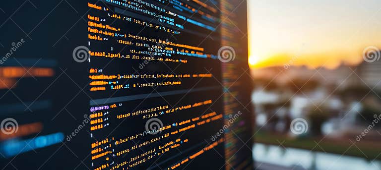 Lines of Code on Computer Screen with Cityscape Background at Sunset ...