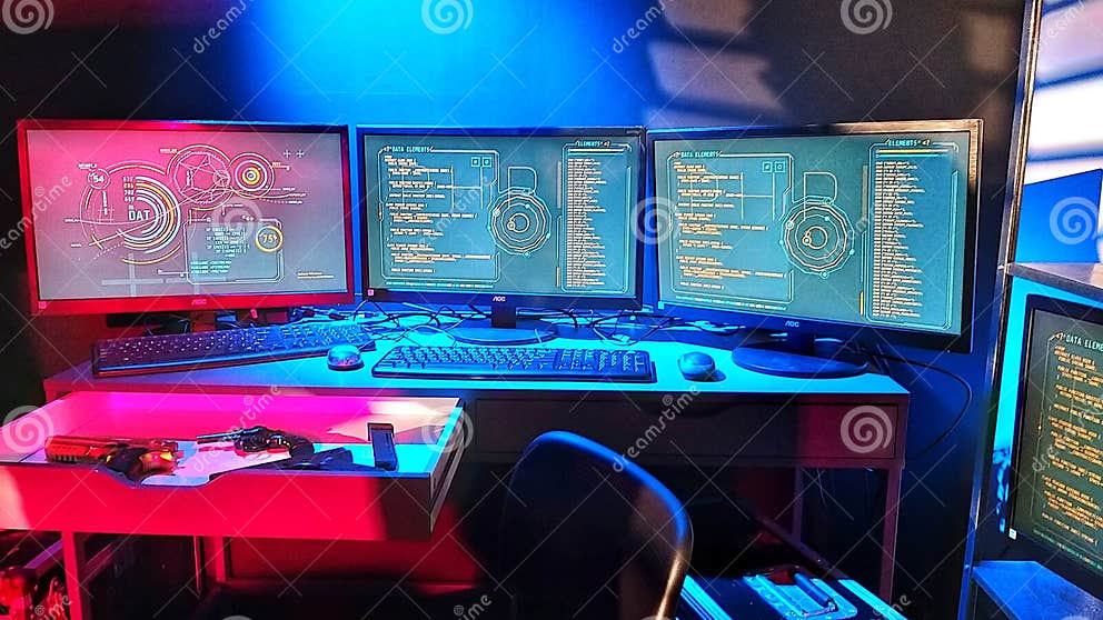 Lines of Code Running on Computer Screens in Data Center Stock Image - Image of monitors ...