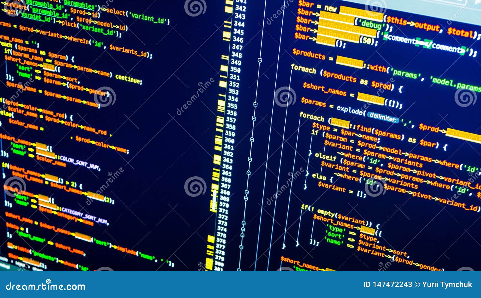 Lines Of Php Coding On The Screen Orange Code On Dark Blue Background Web Developing Stock