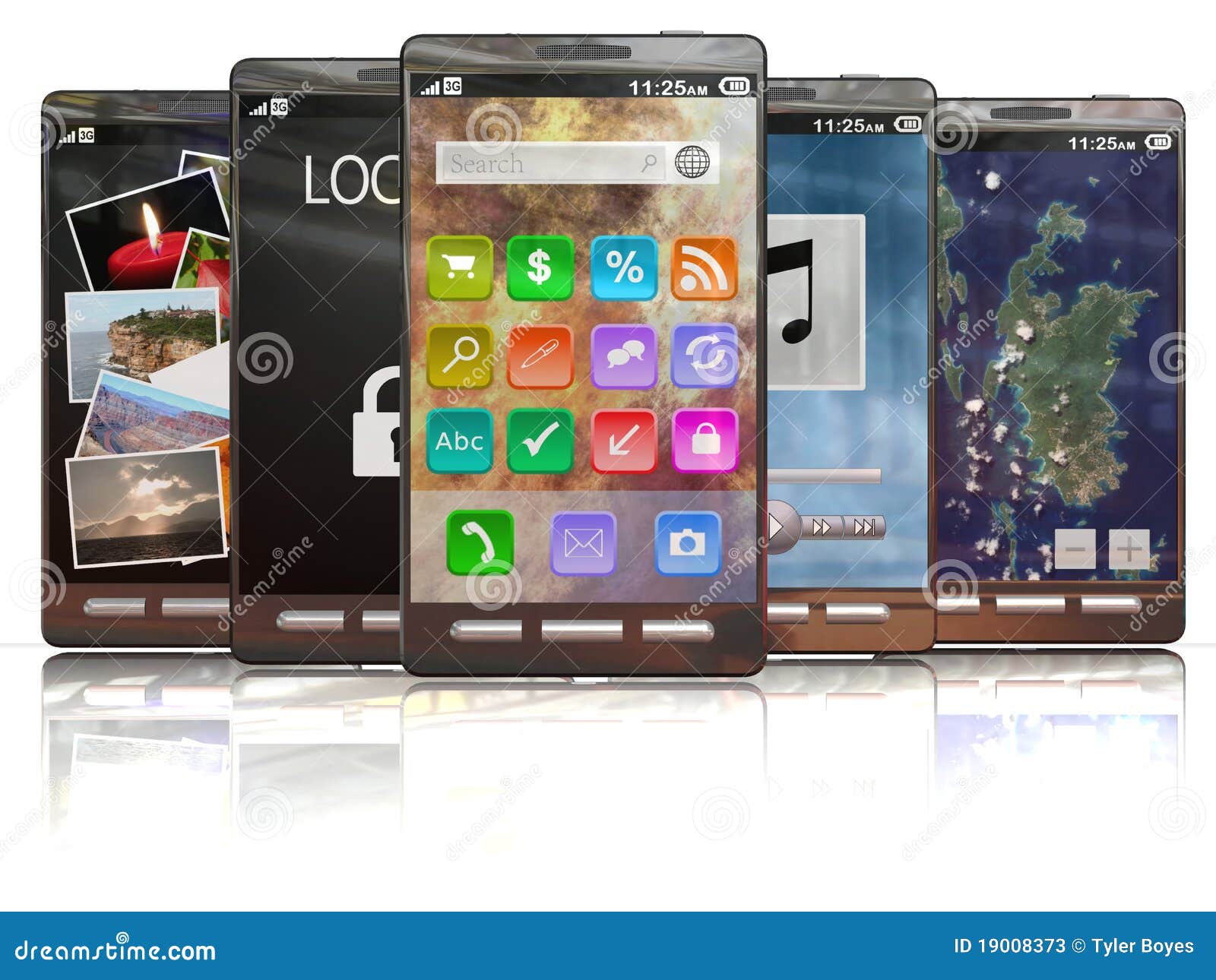 Lineup of 3D Rendered Smartphones Stock Illustration - Illustration of ...