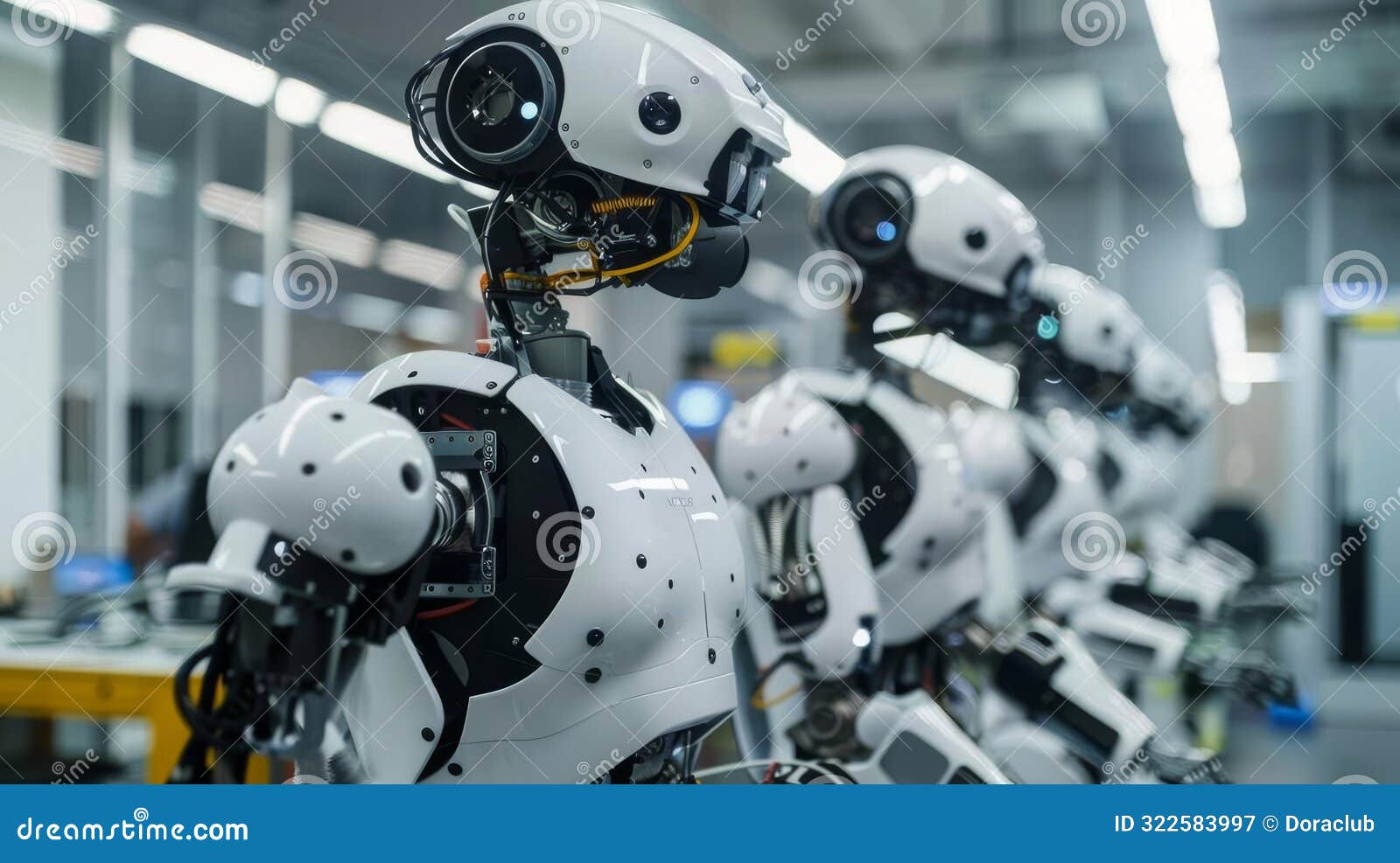 A Lineup of Advanced Humanoid Robots with Visible Wiring and Sensors in ...