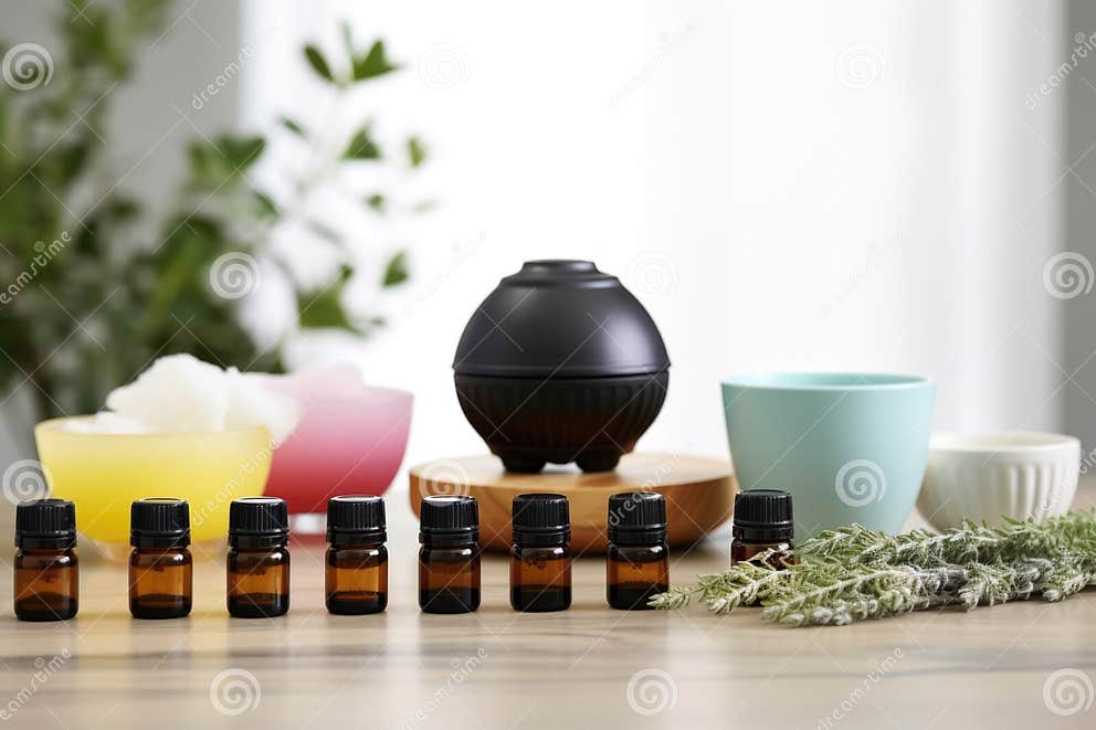 A Lineup of Essential Oils, Next To a Diffuser on an Aesthetic Table ...