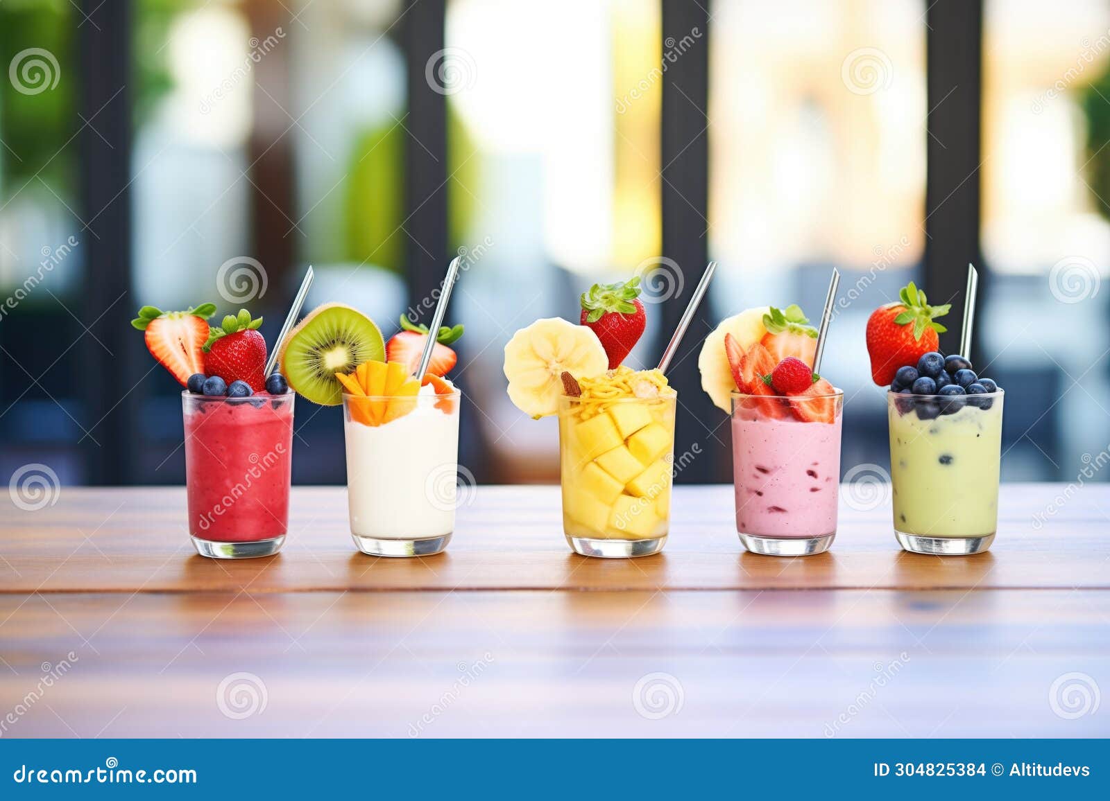 Lineup of Fruit Smoothies with Fresh Ingredients on Top Stock Photo ...