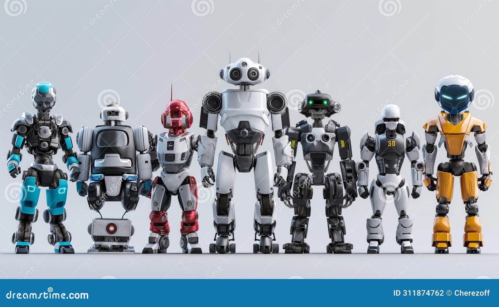 Lineup of Futuristic Robots with Diverse Designs Stock Photo - Image of ...