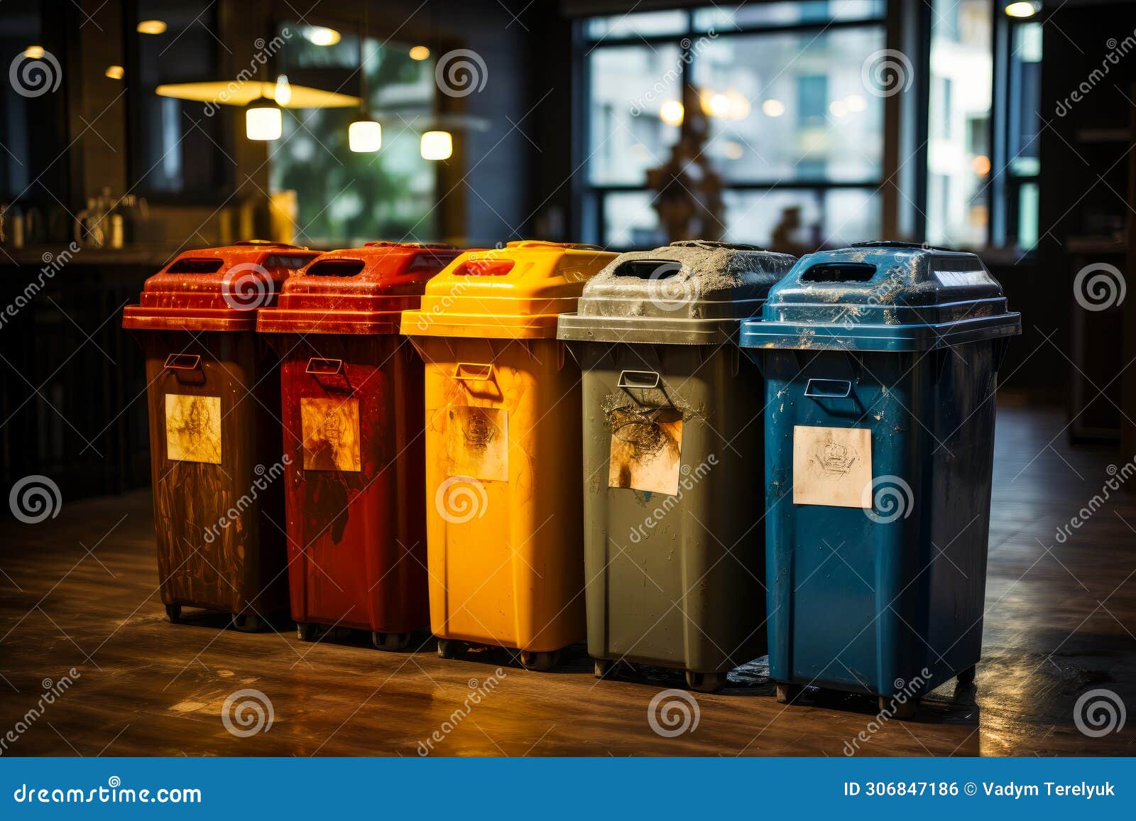 A Lineup of Trash Cans on a Rustic Wooden Floor Stock Photo - Image of ...
