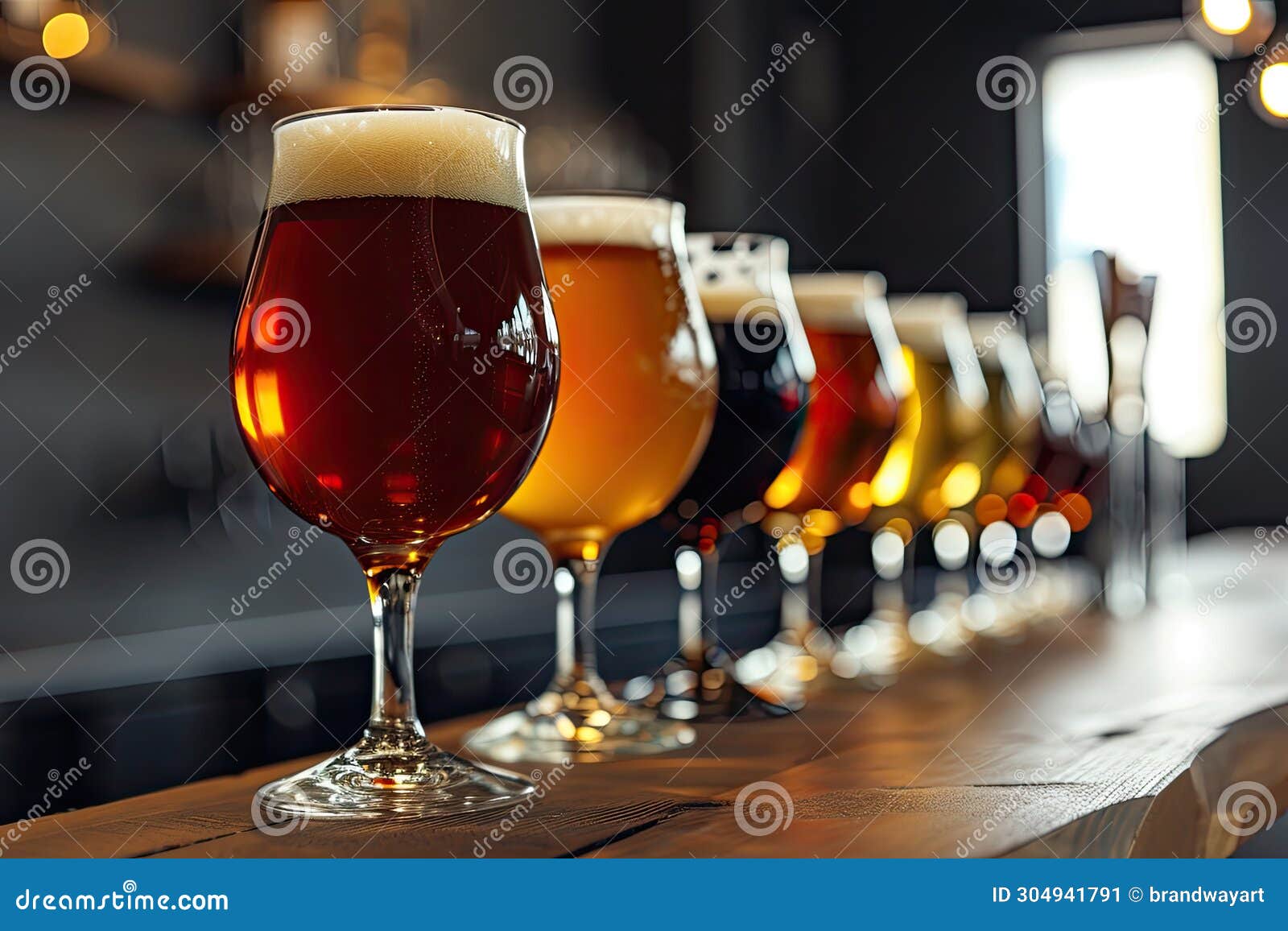 Assorted Beers in Array of Glasses Stock Image - Image of flight ...