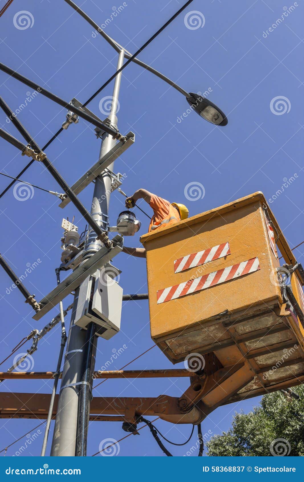 Lineworker Works on Power Overhead Stock Image - Image of electronic ...