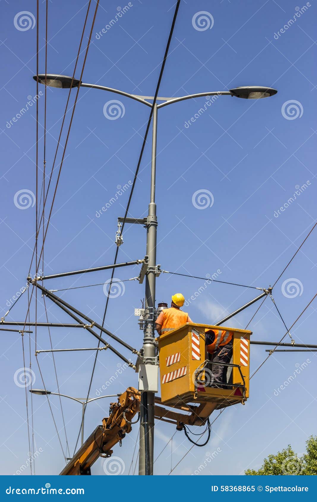 Lineworkers Work on Overhead Power Line Stock Image - Image of ...