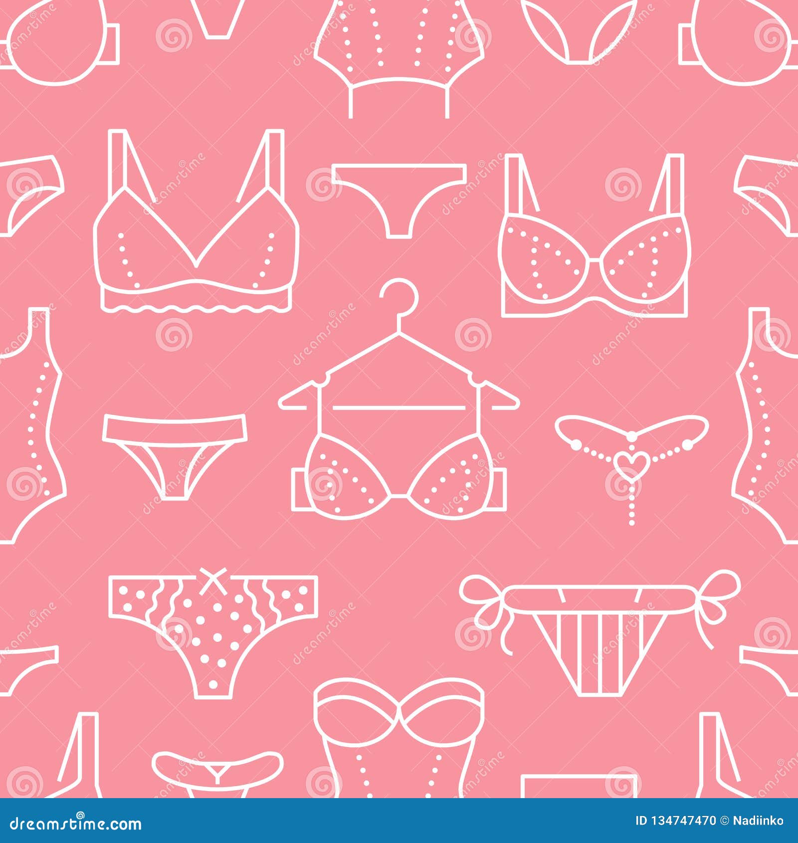 Lingerie Seamless Pattern With Flat Line Icons Of Bra Types Panties