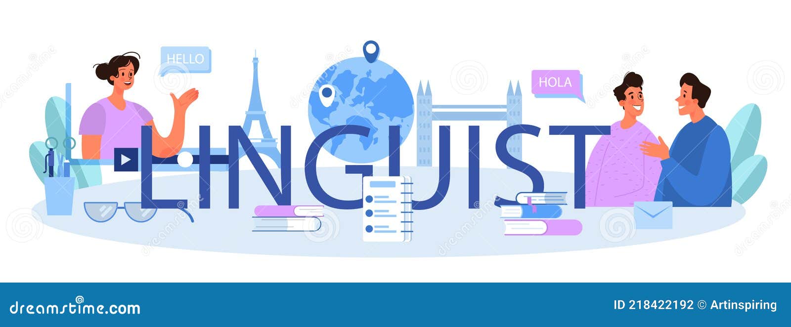 Linguist Typographic Header. Person Translating Document, Books and ...