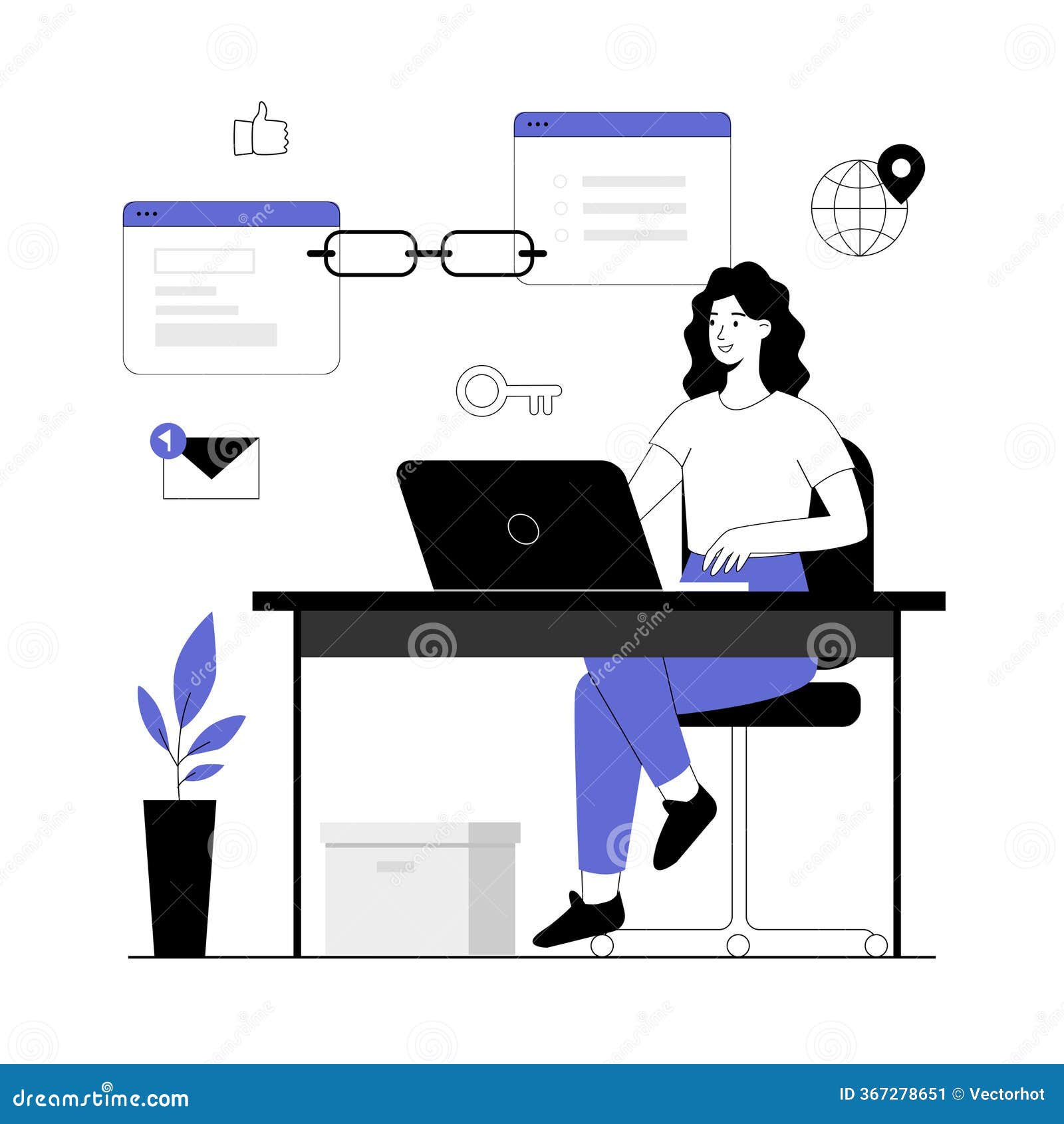 Woman Work At Computer Workspace. Cartoon Female Character ...