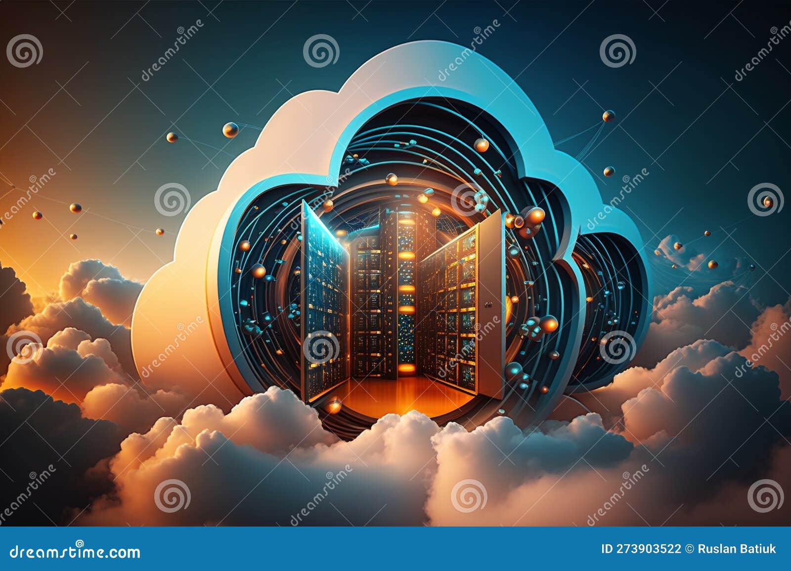 Linking Computer To Cloud with Server, Connection Online, Cloud Storage ...