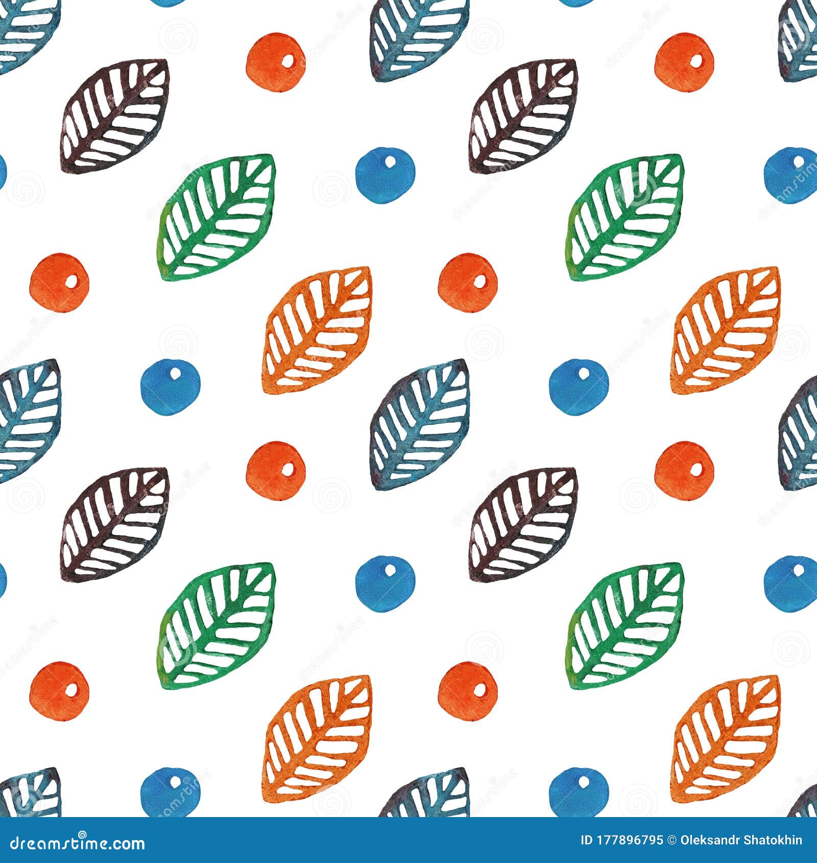 Linocut with Color Leaves and Berries Seamless Pattern Isolated on ...