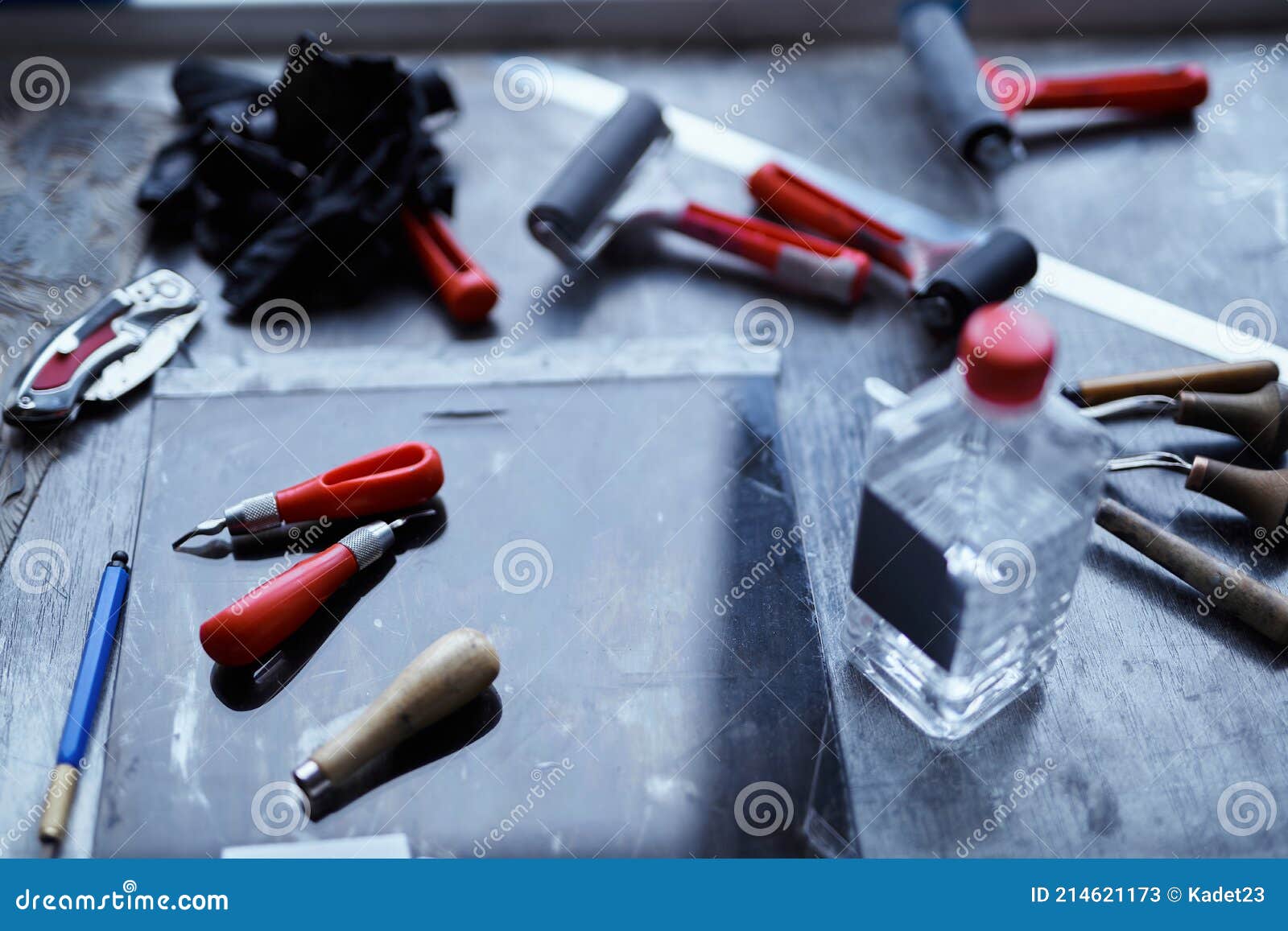 A Group of Linocut Tools on Dark Table. Lithography Concept Stock Image ...