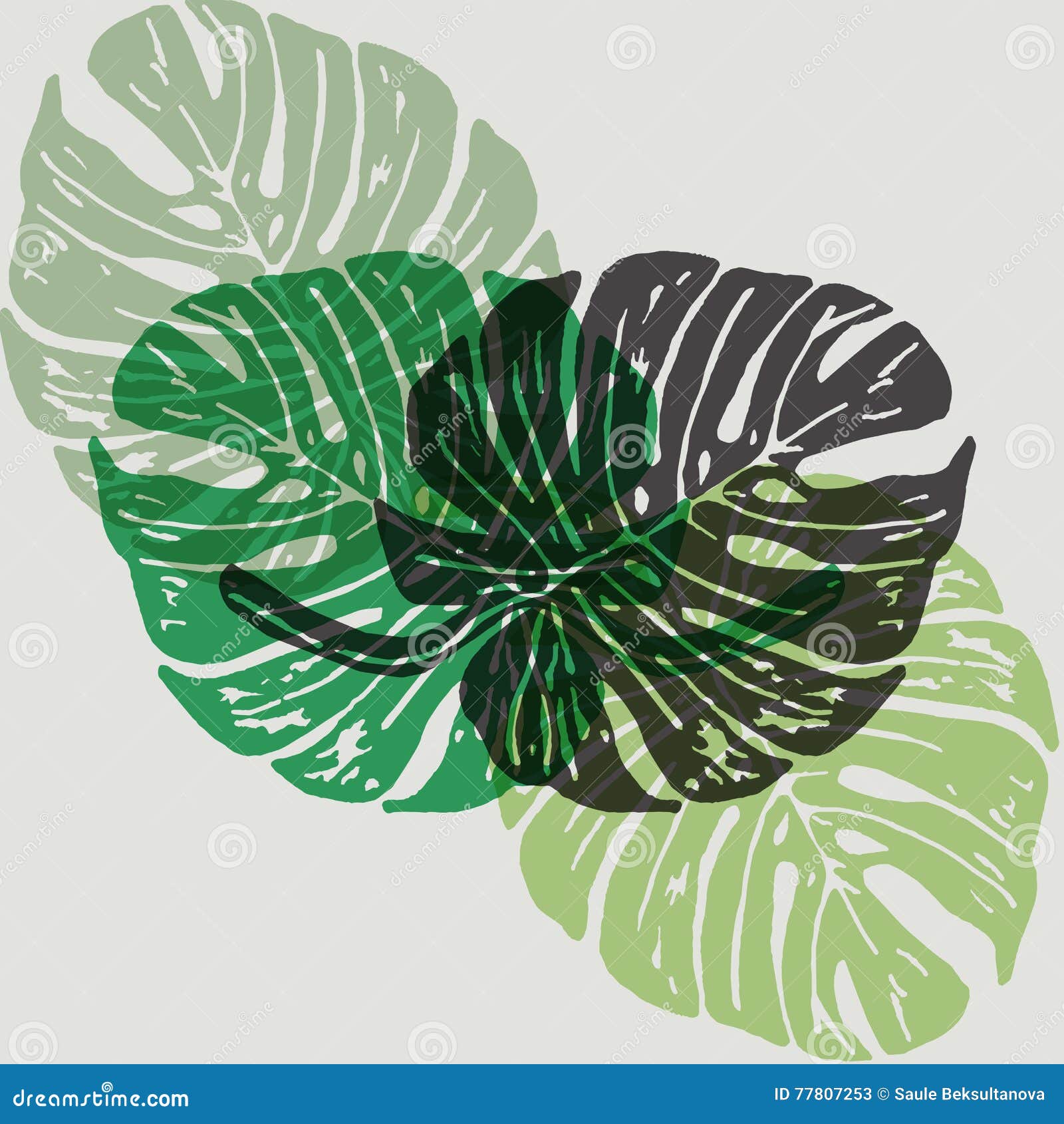 Linocut Tropical Monstera Leaves on Background Stock Illustration ...