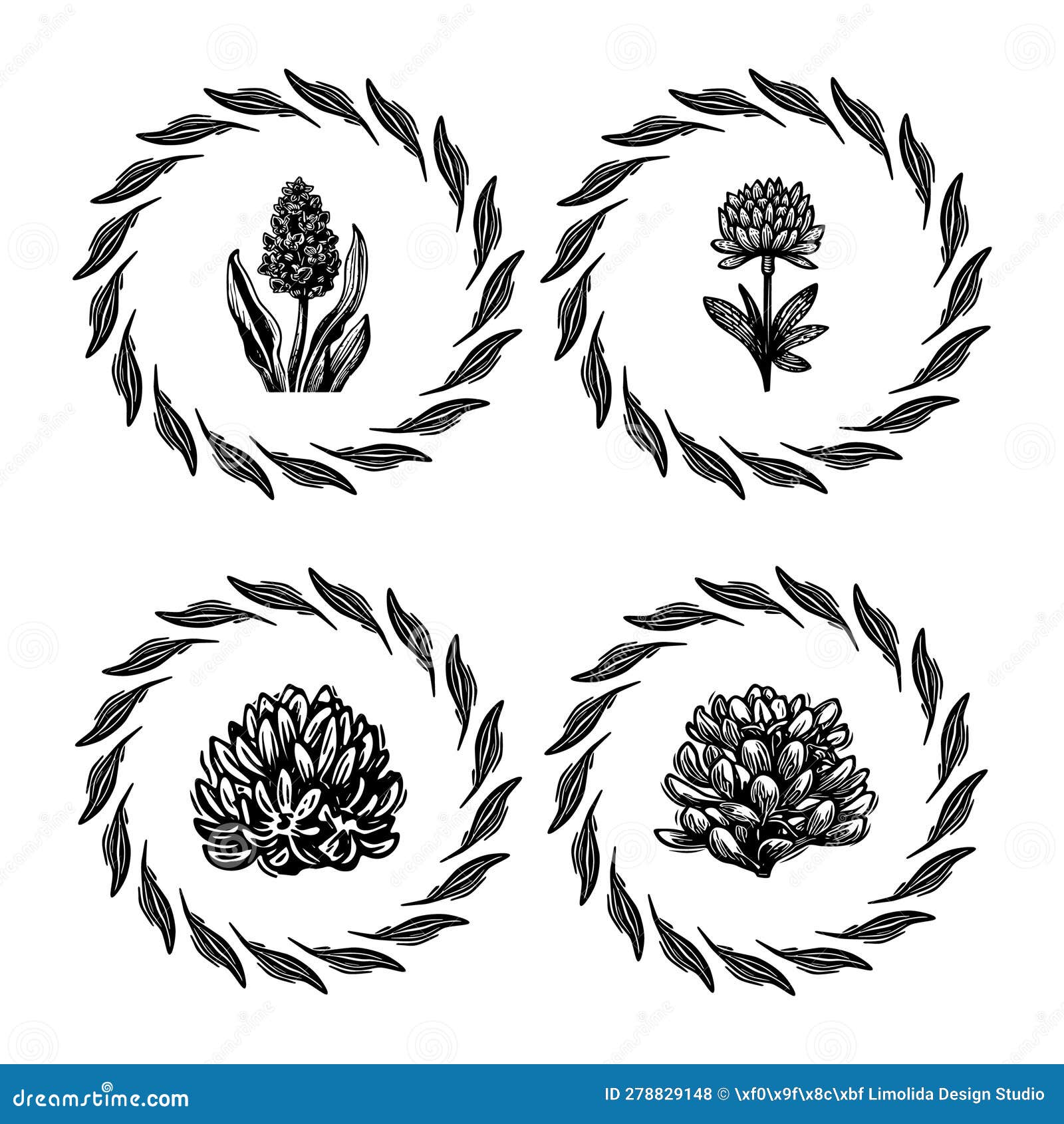Linotype Floral Icon Collection in Whimsical Vector Art. Decorative ...