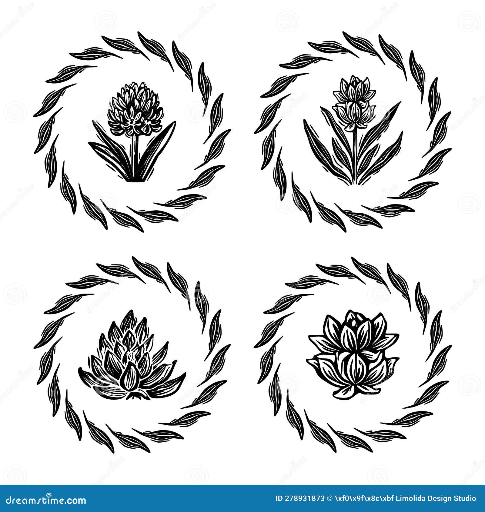 Linotype Floral Icon Collection in Whimsical Vector Art. Decorative ...