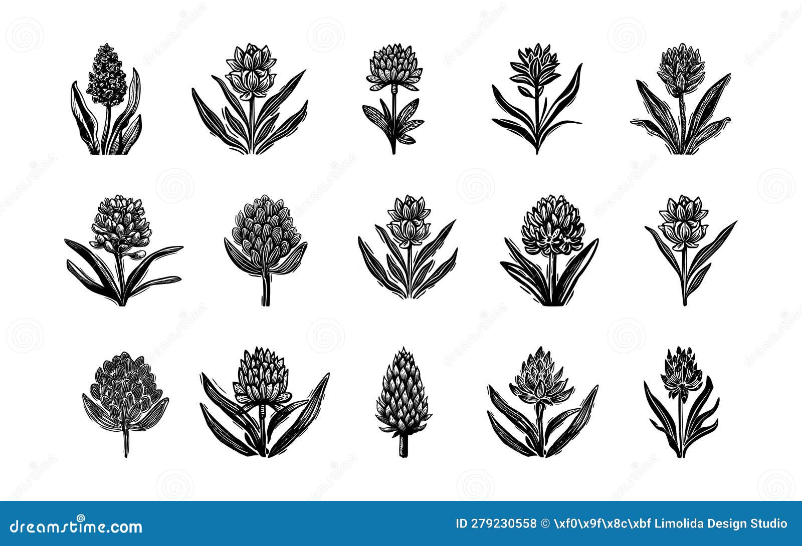 Linotype Floral Icon Collection in Whimsical Vector Art. Decorative ...
