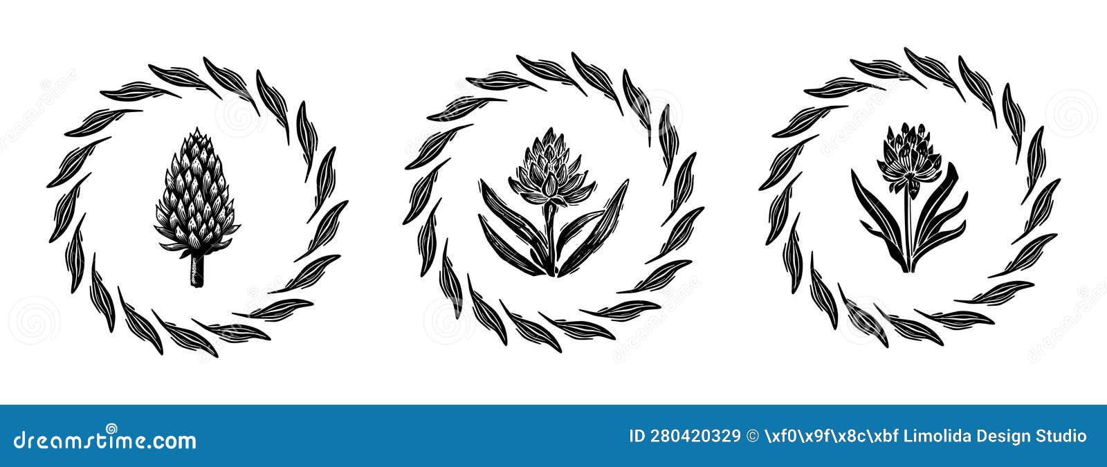 Linotype Floral Icon Collection in Whimsical Vector Art. Decorative ...