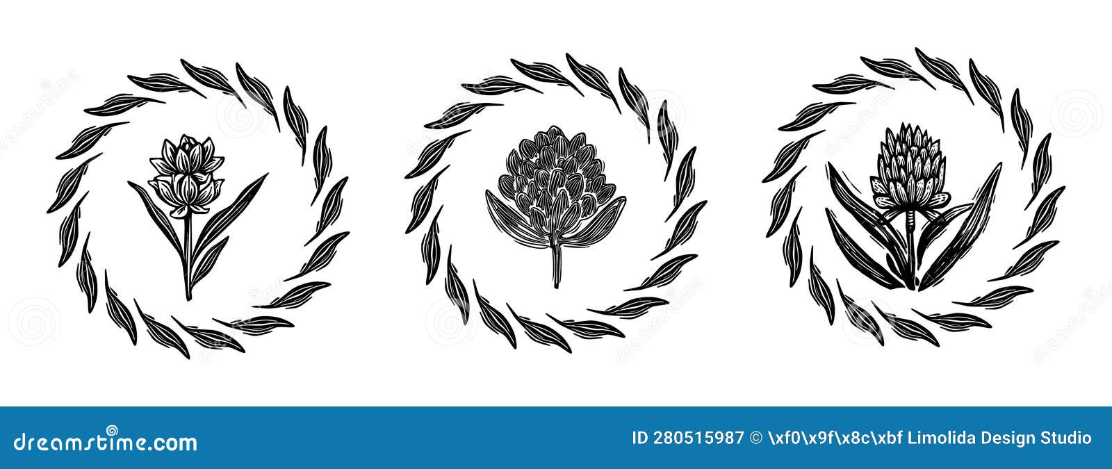 Linotype Floral Icon Collection in Whimsical Vector Art. Decorative ...