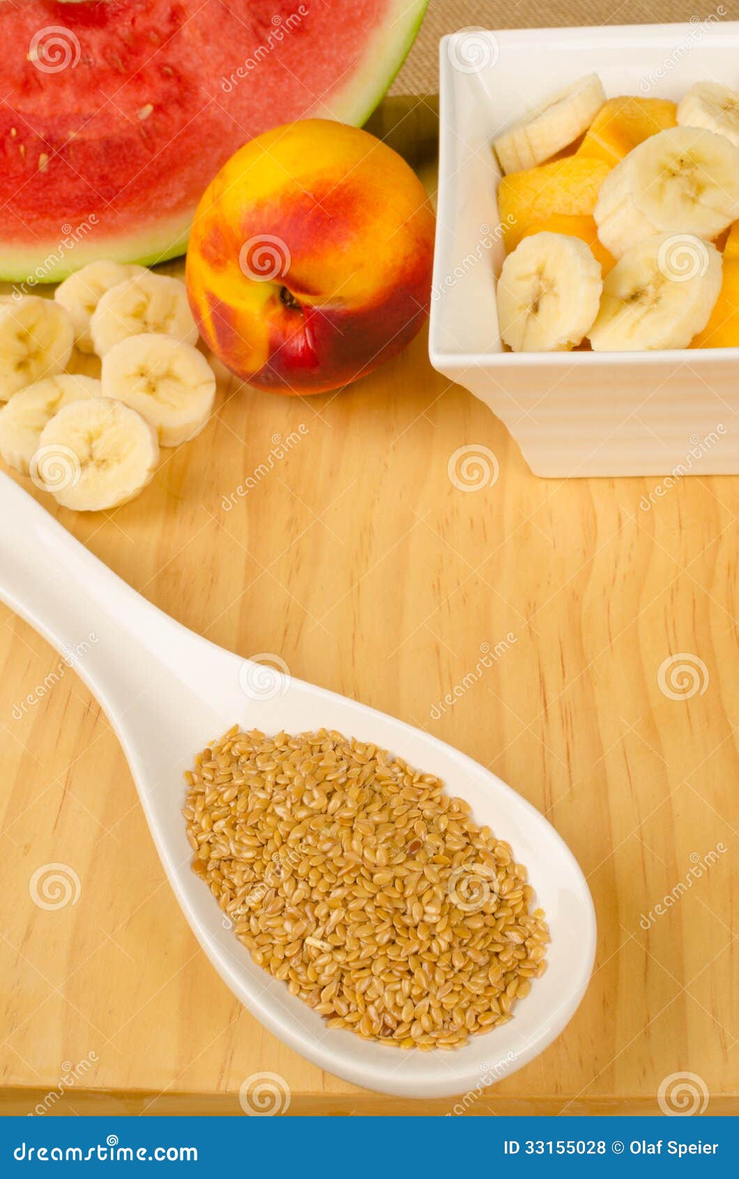 Linseed and fruit on board stock photo. Image of homemade - 33155028