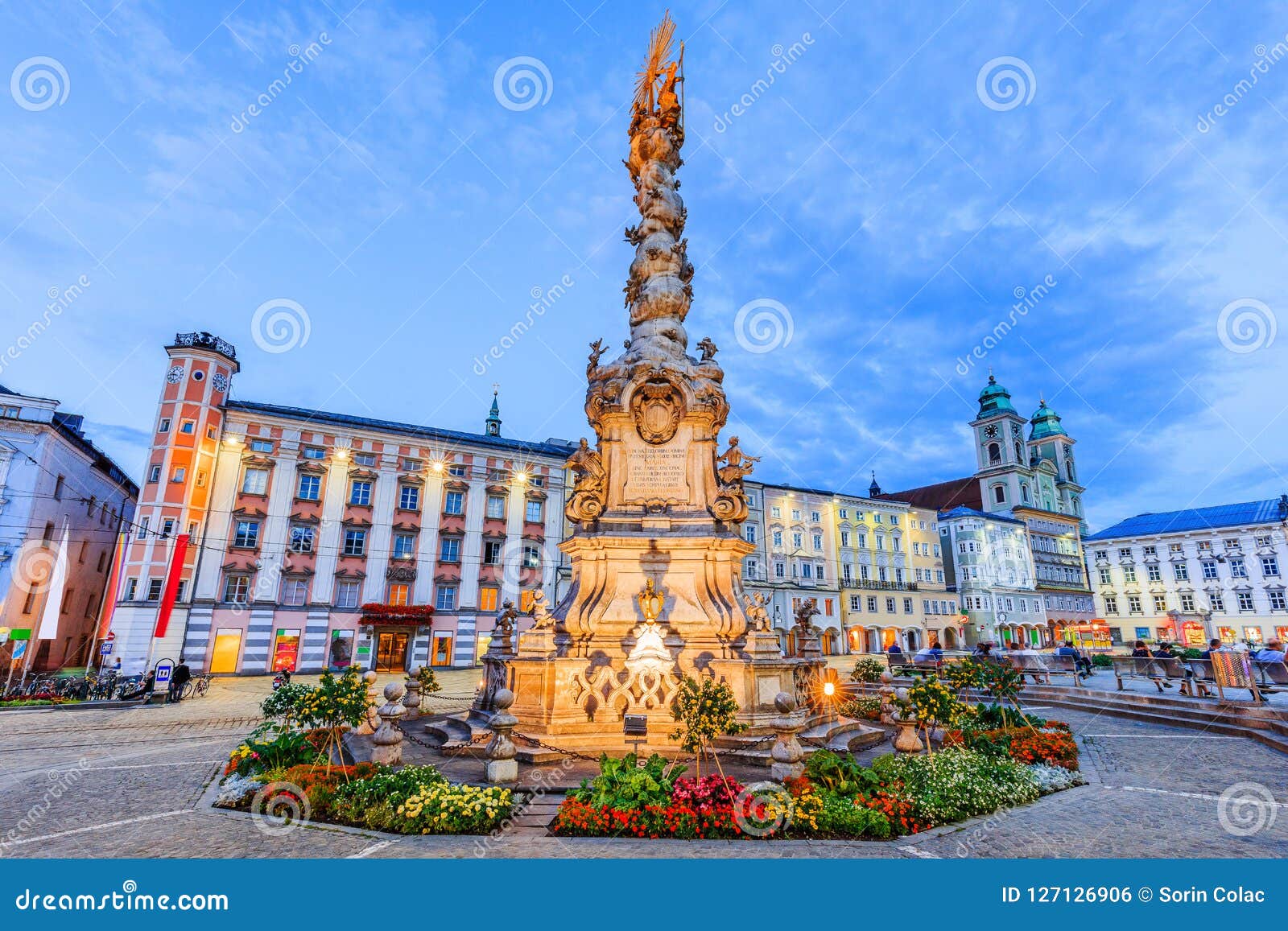 Linz, Austria: View Of The Main Street With Walking People, Yellow Tram ...