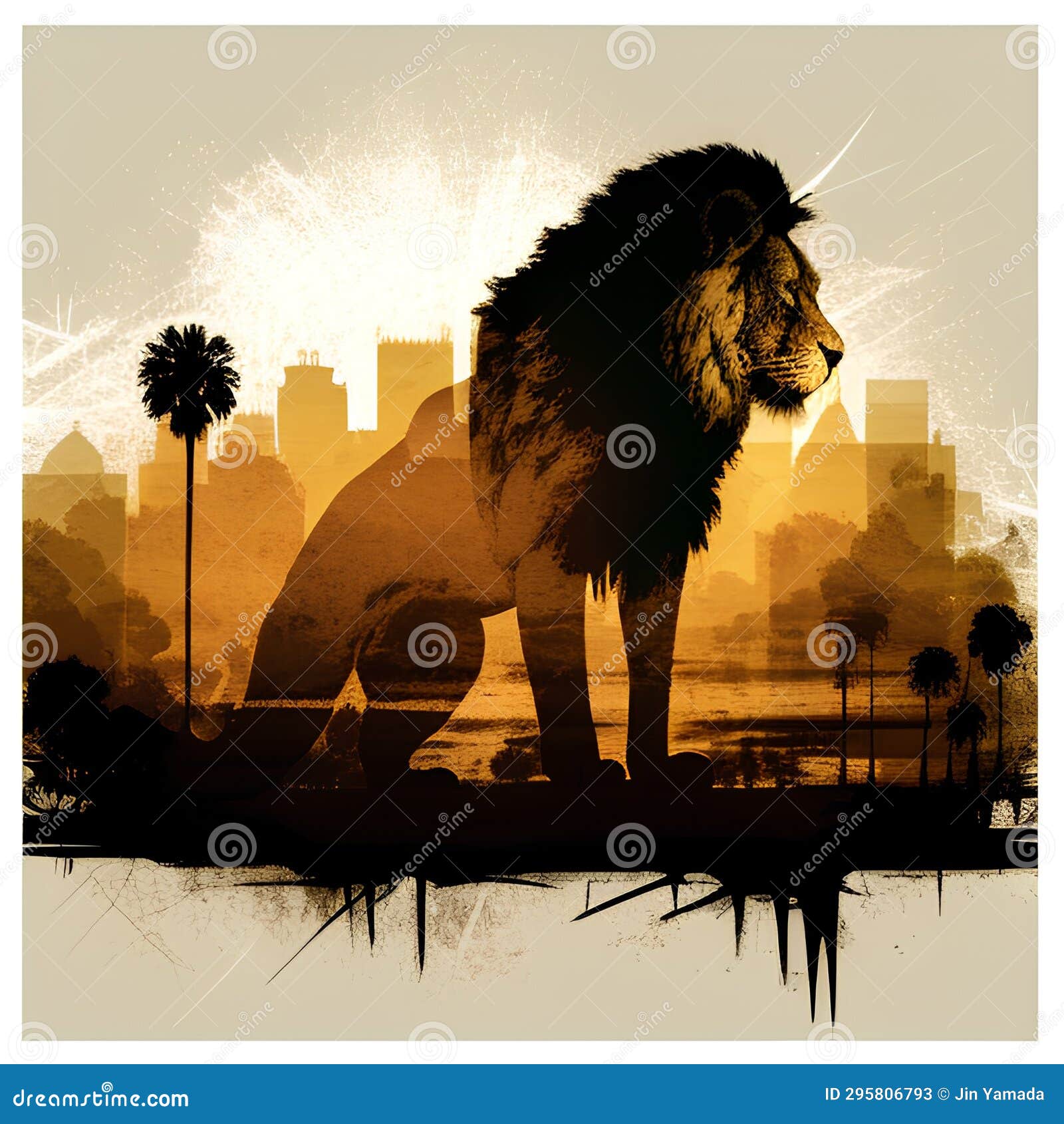 Lion on the Background of the City and Palm Trees. Vector Illustration ...