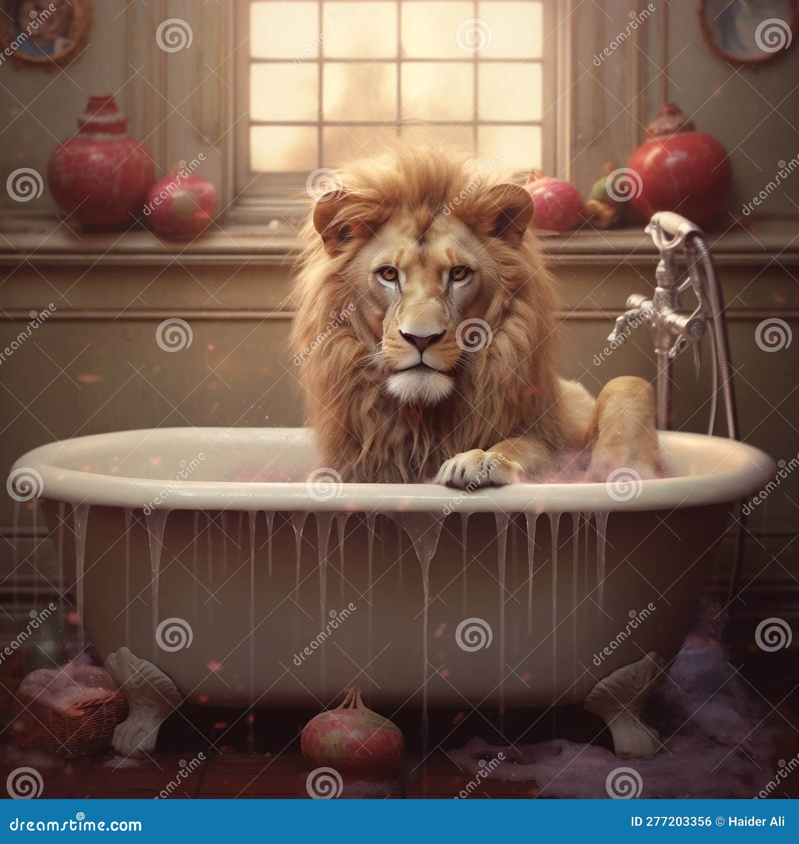 Lion Bathing in a Bathtub. Generative AI Stock Photo - Image of ...