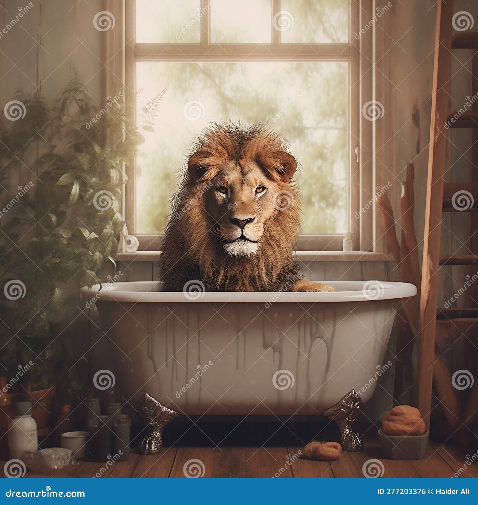 Lion Bathing in a Bathtub. Generative AI Stock Illustration ...