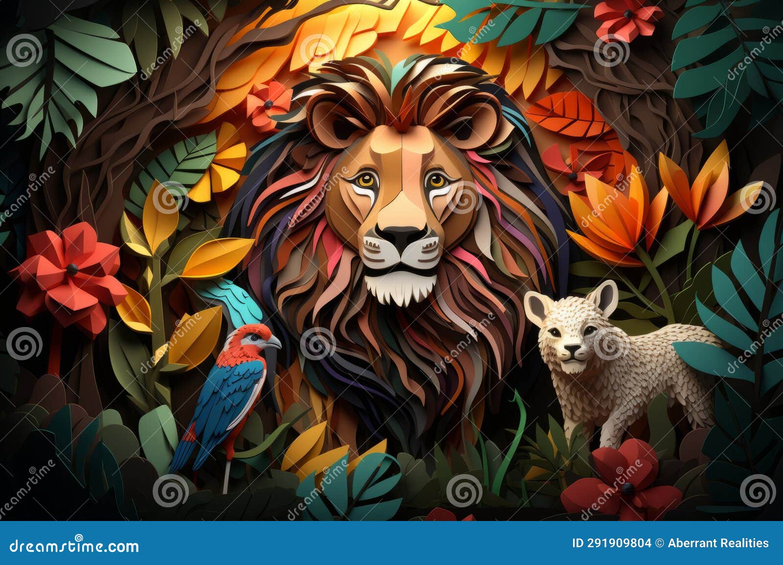 A Lion and a Bird in the Jungle Stock Illustration - Illustration of ...