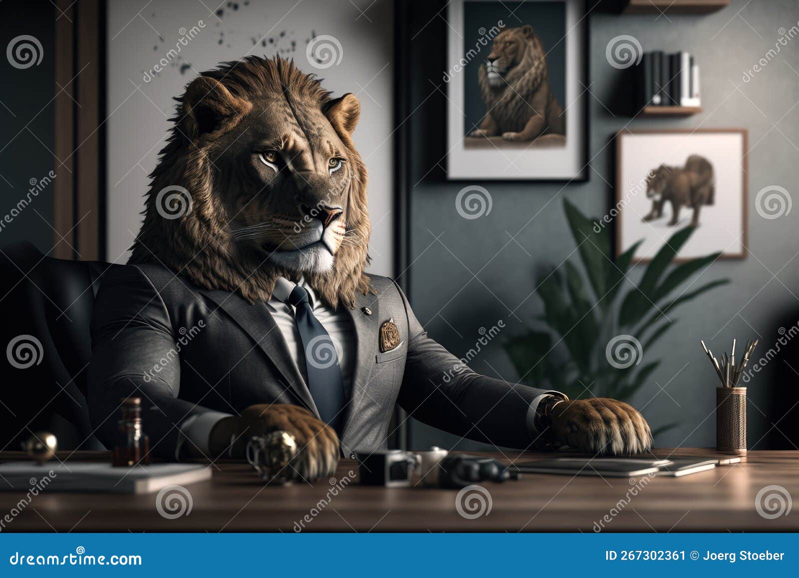Lion in a Business Suit at the Office, Generative Ai Stock Illustration ...