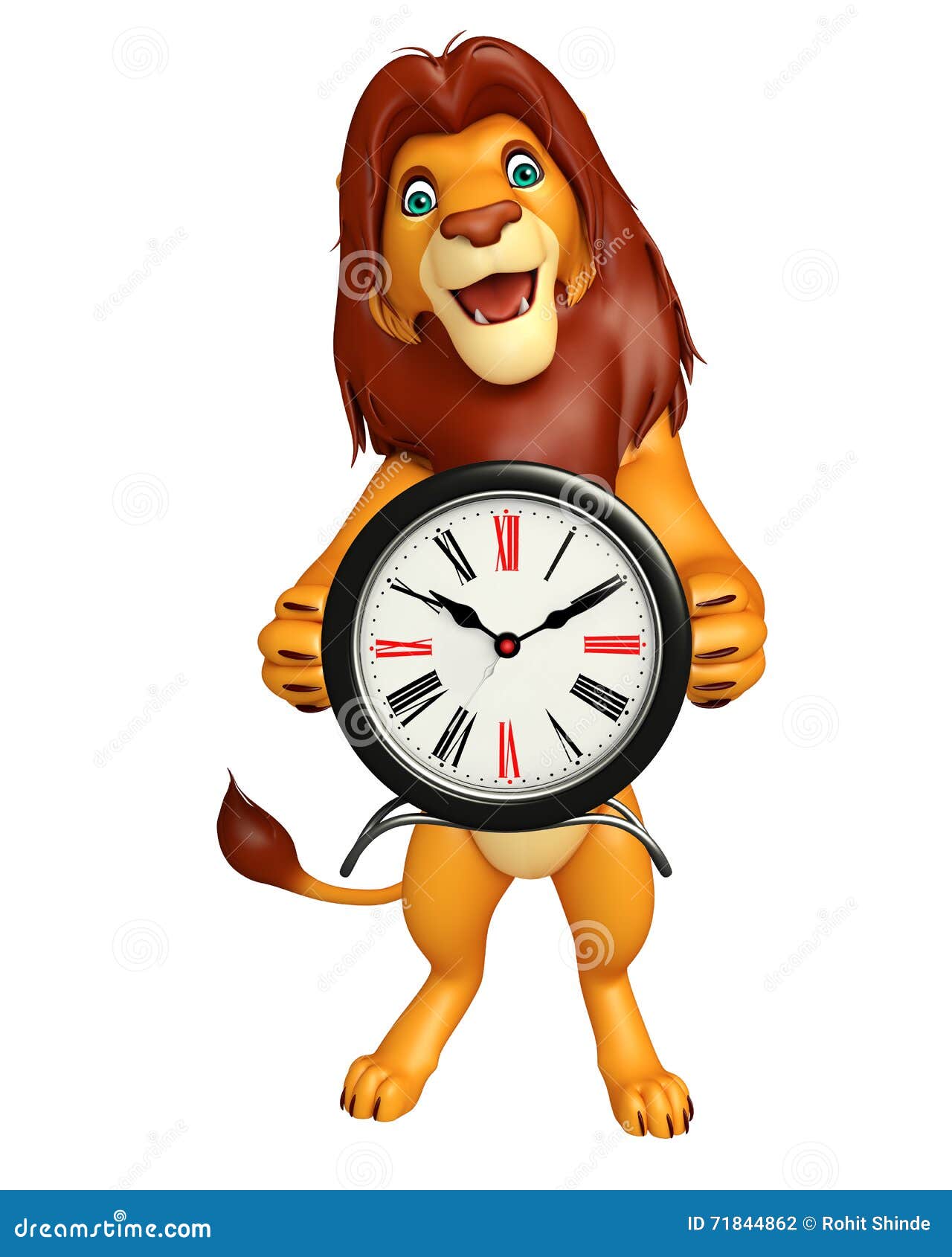 Lion Cartoon Character with Clock Stock Illustration - Illustration of ...