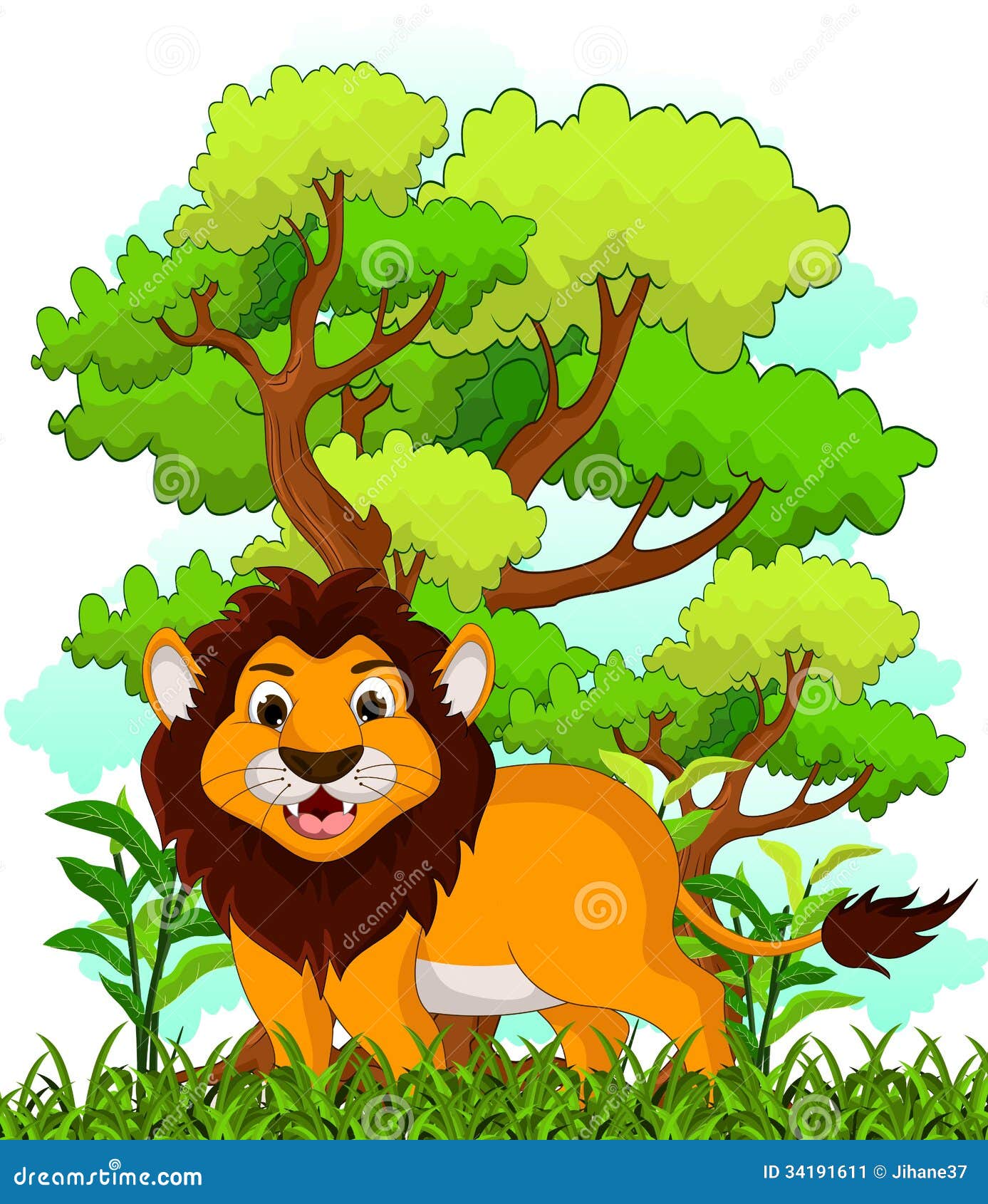 Lion Cartoon with Forest Background Stock Illustration - Illustration ...