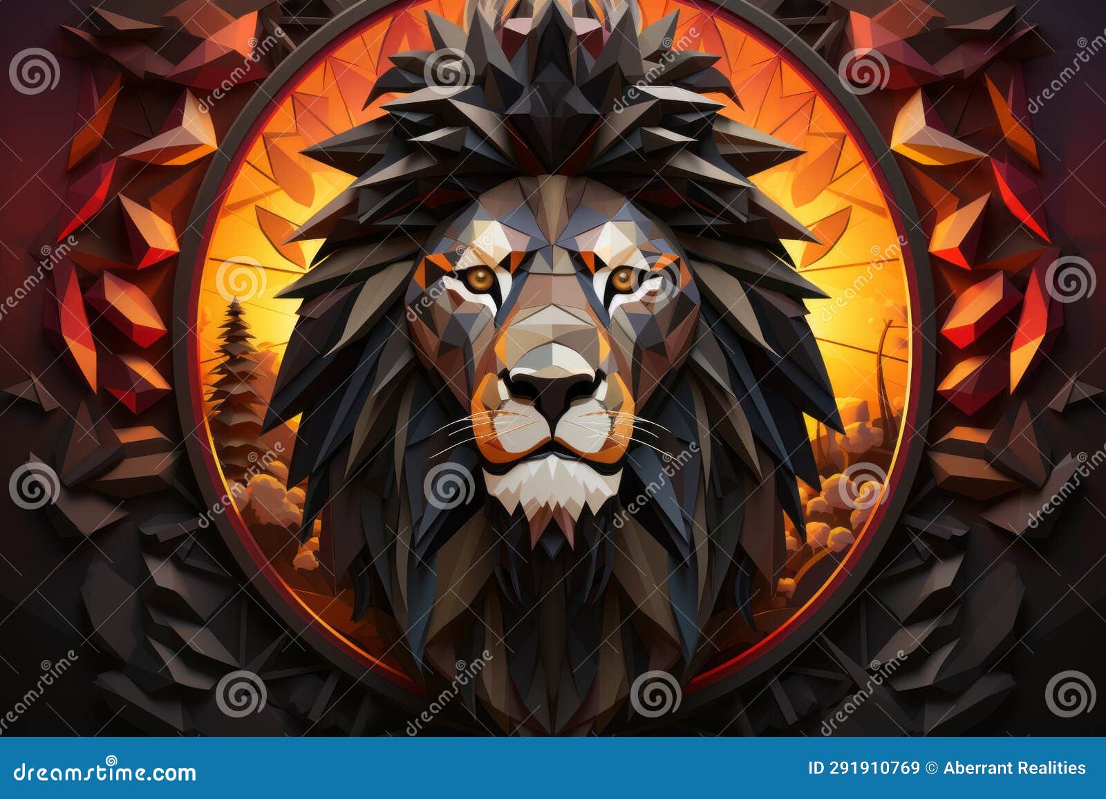 The Lion is in the Center of the Frame Surrounded by Geometric Shapes ...