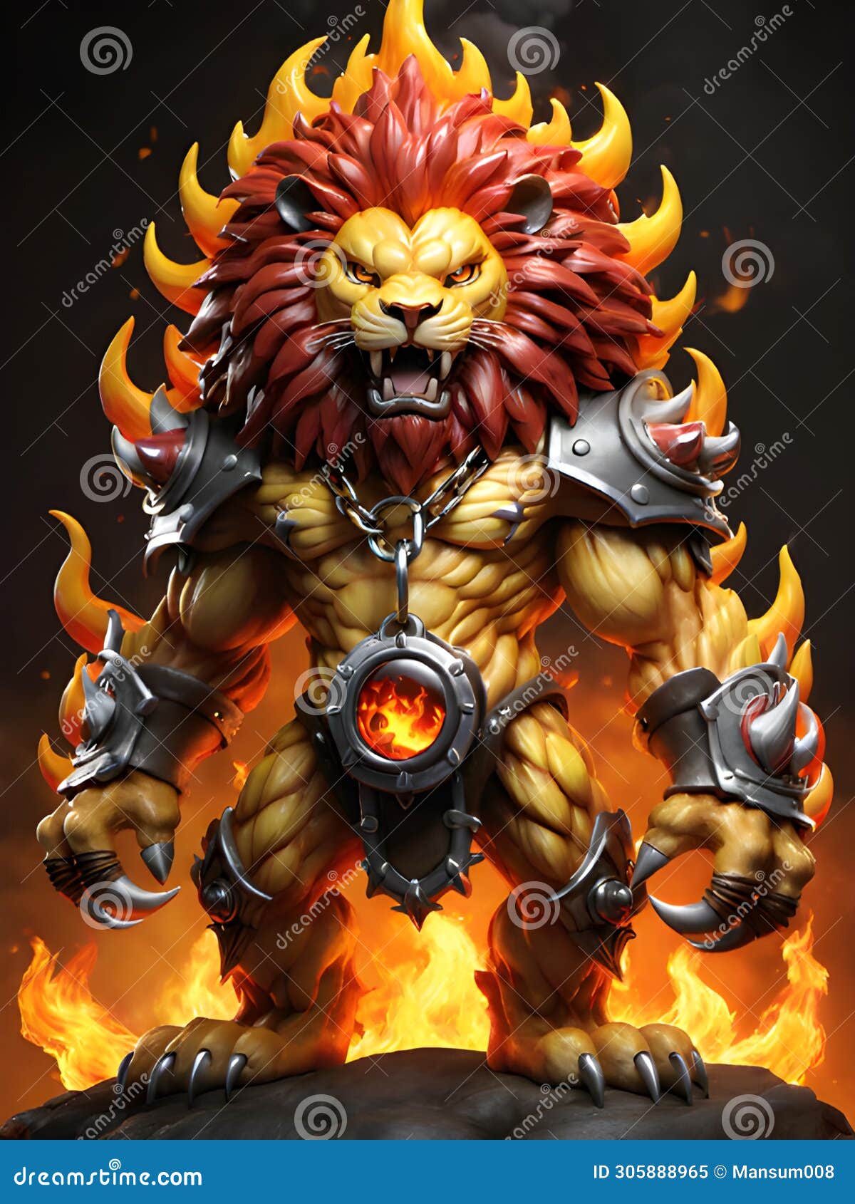 A Lion with a Chain Around Its Neck and a Fire on Its Chest Stock ...