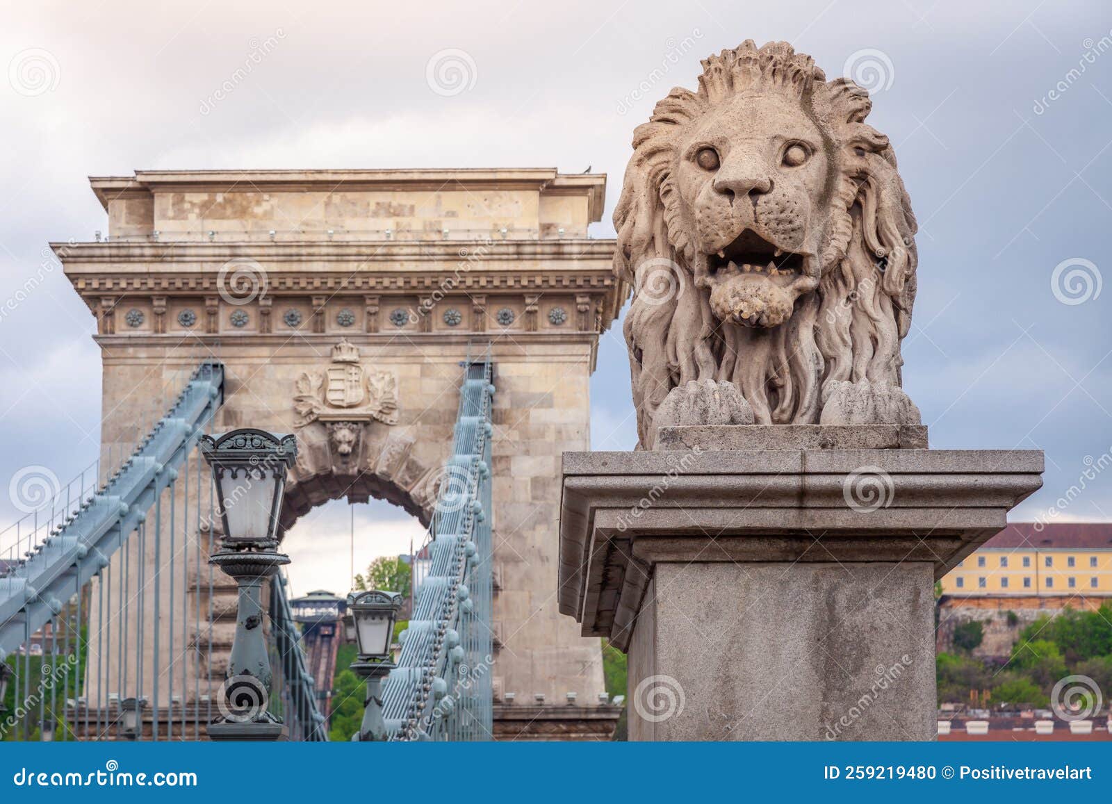 Lion and the Chain Bridge at Dramatic Sunrise in Budapest, Hungary ...