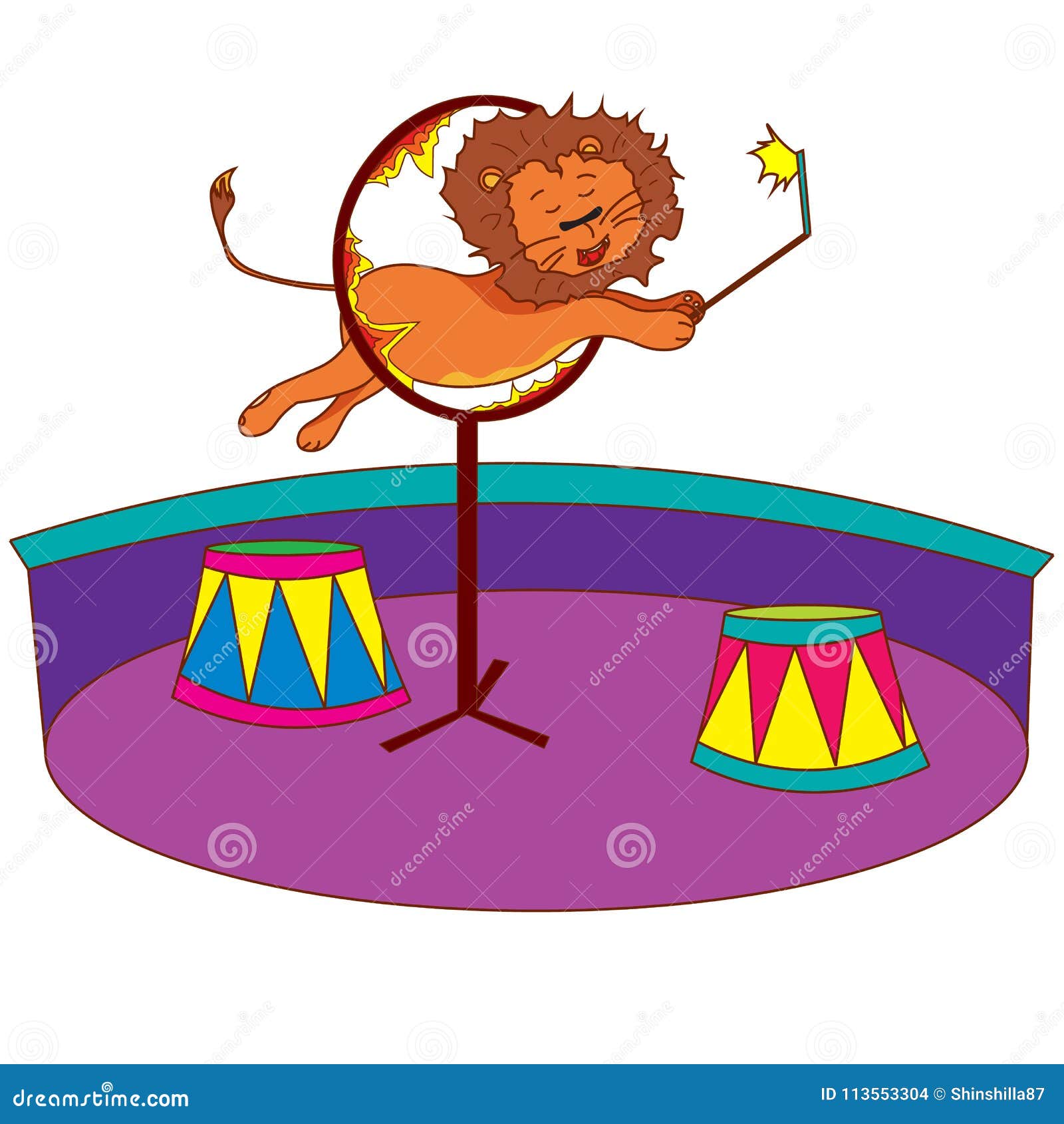 Lion In Circus. Wild Angry Lion Acrobat Jumping In Fire Circle Circus ...