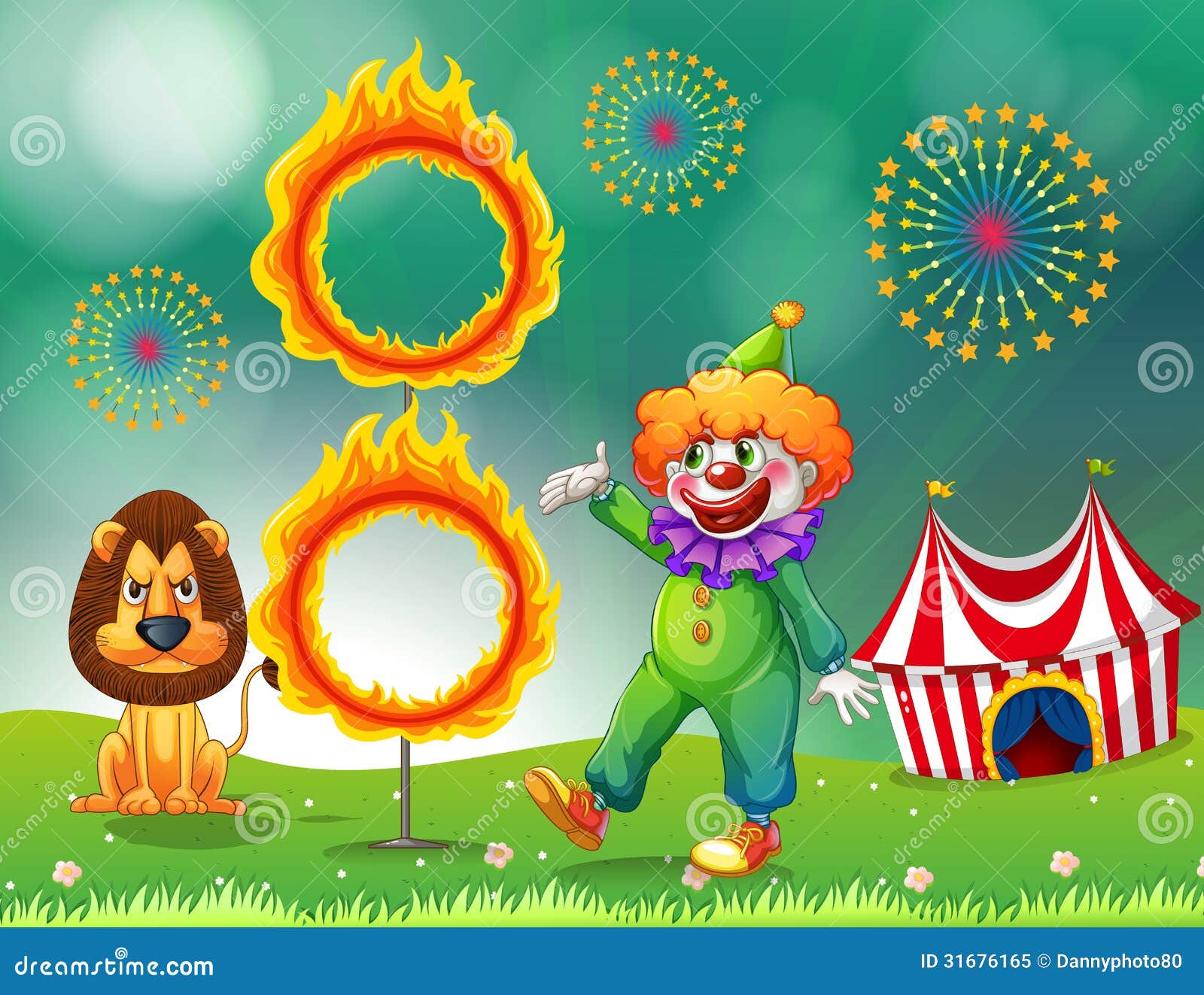 A Lion and a Clown with a Ring of Fire Stock Illustration ...