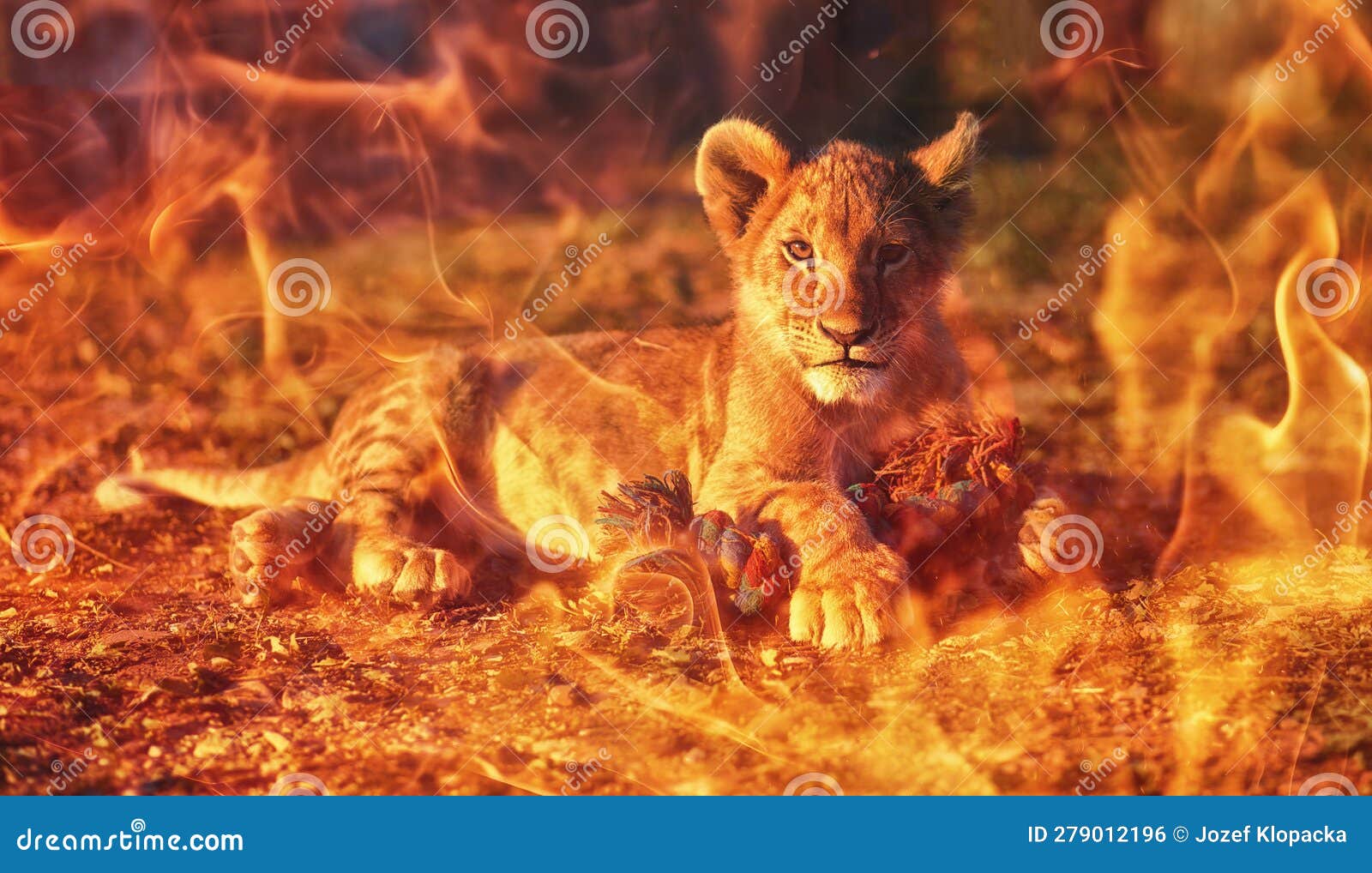 Lion Cub Cuddling in Nature and Plaing with Toy. Fire Effect. Stock ...