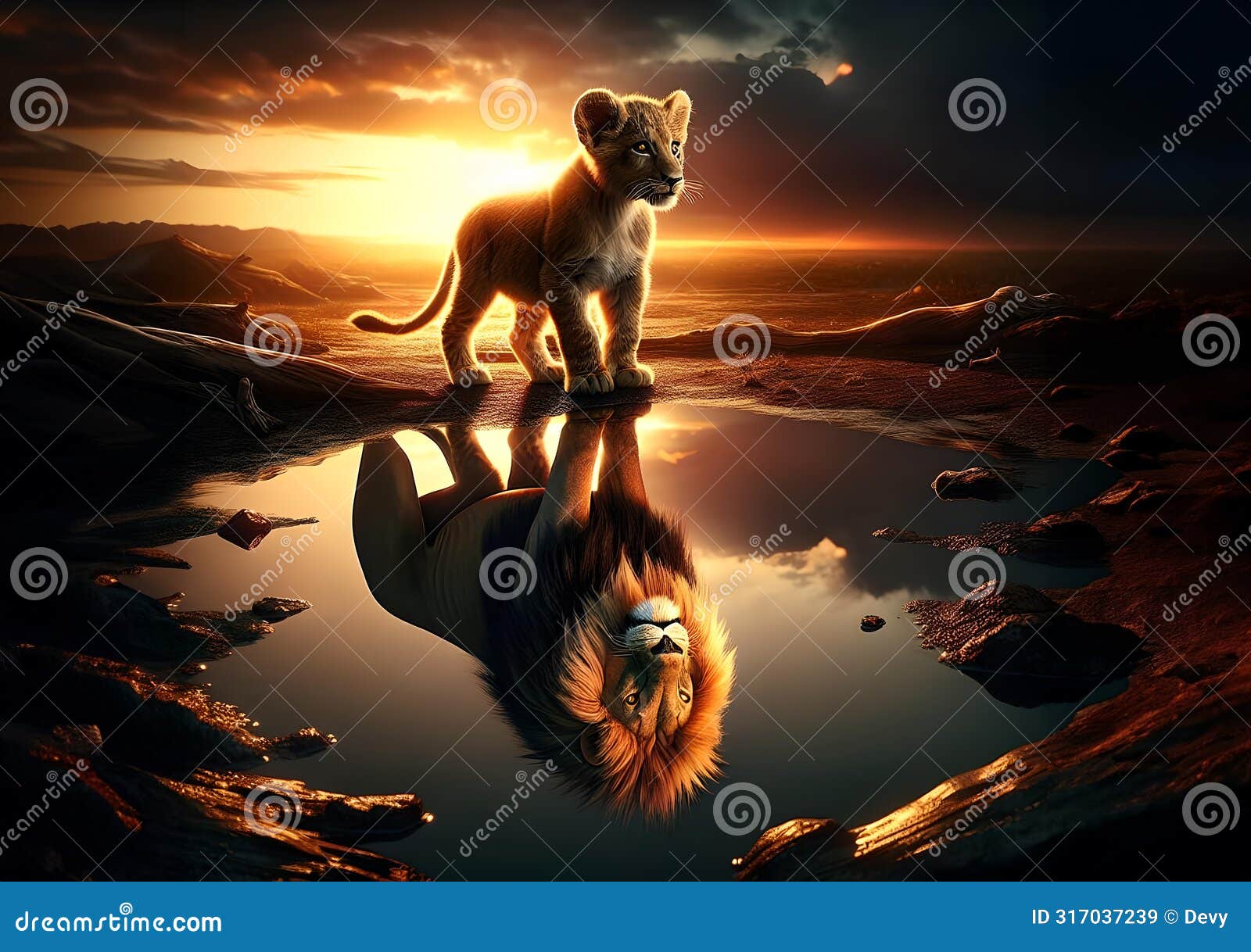 Lion Cub Looking at His Own Reflection Stock Illustration ...