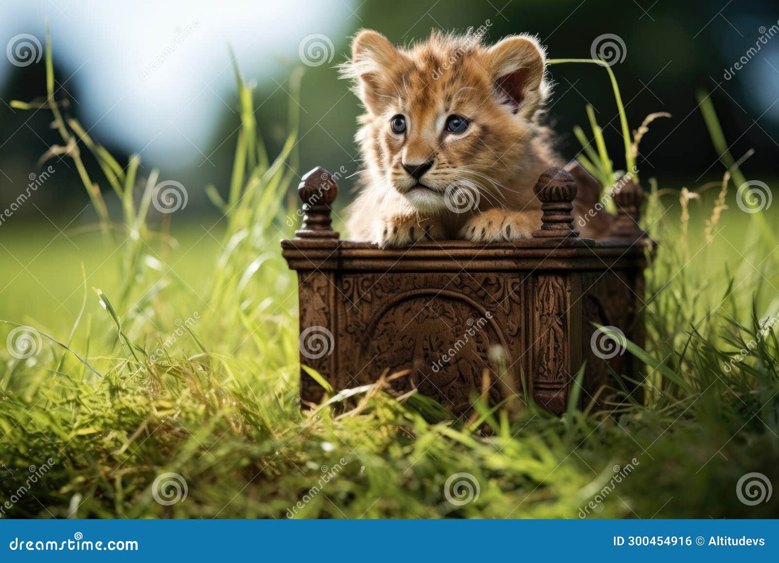 A Lion Cub Playfully Exploring a Miniature Throne in a Grassy Field ...