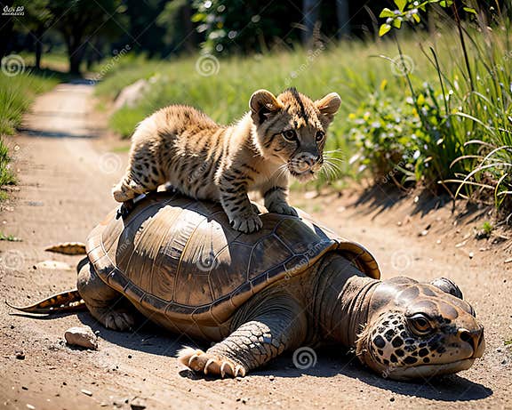 Lion cub rides a turtle stock illustration. Illustration of turtle ...