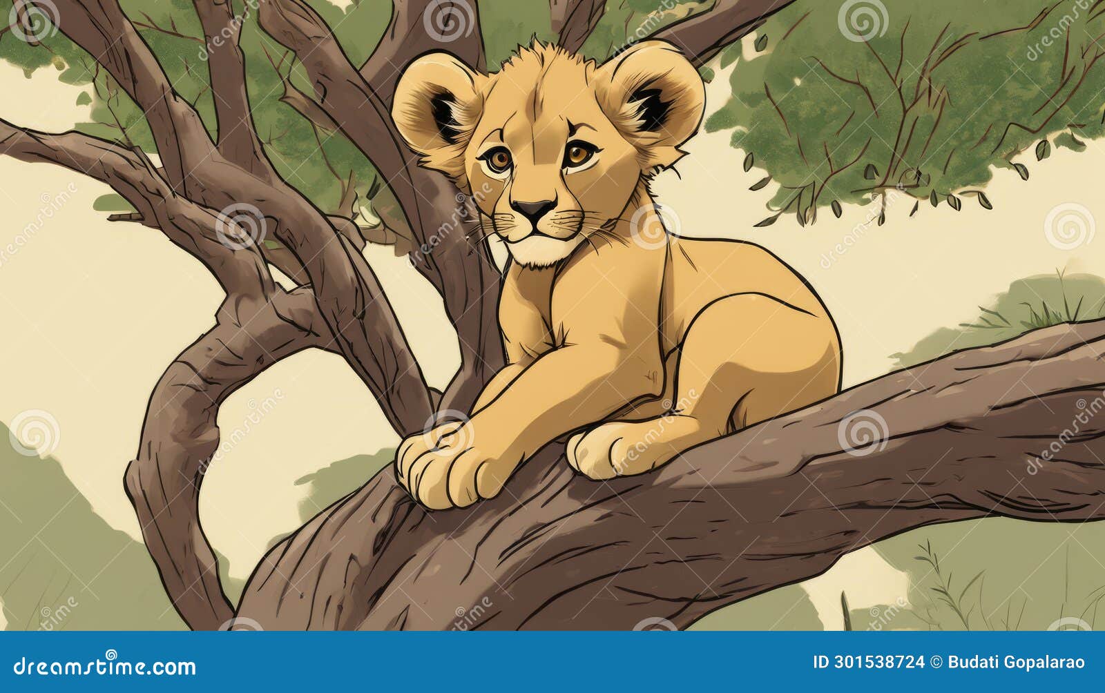 A Lion Cub Sitting on a Tree Branch Stock Illustration - Illustration ...