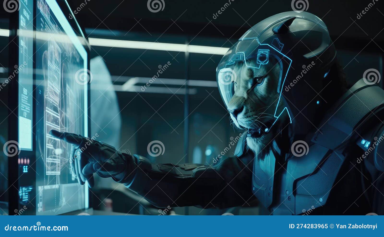 Lion Cyborg, Points at the Transparent Screen in the Office of the ...