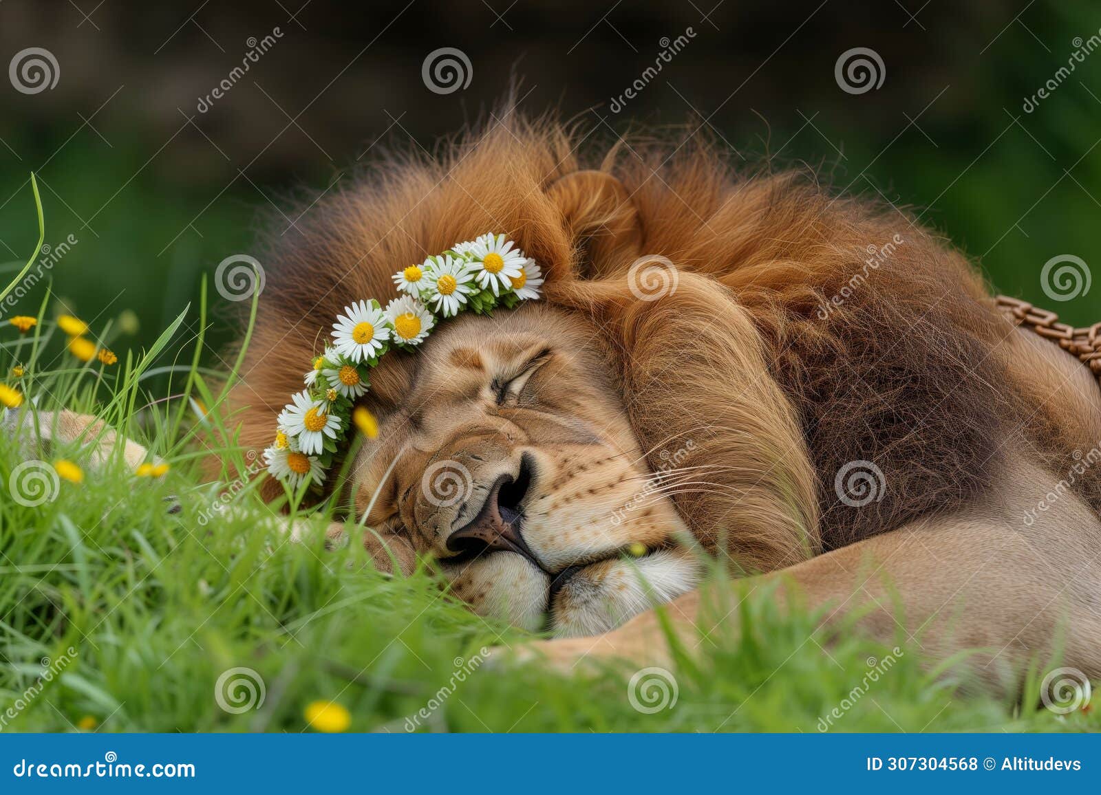 Lion with a Daisy Chain Crown Napping in Grass Stock Photo - Image of ...