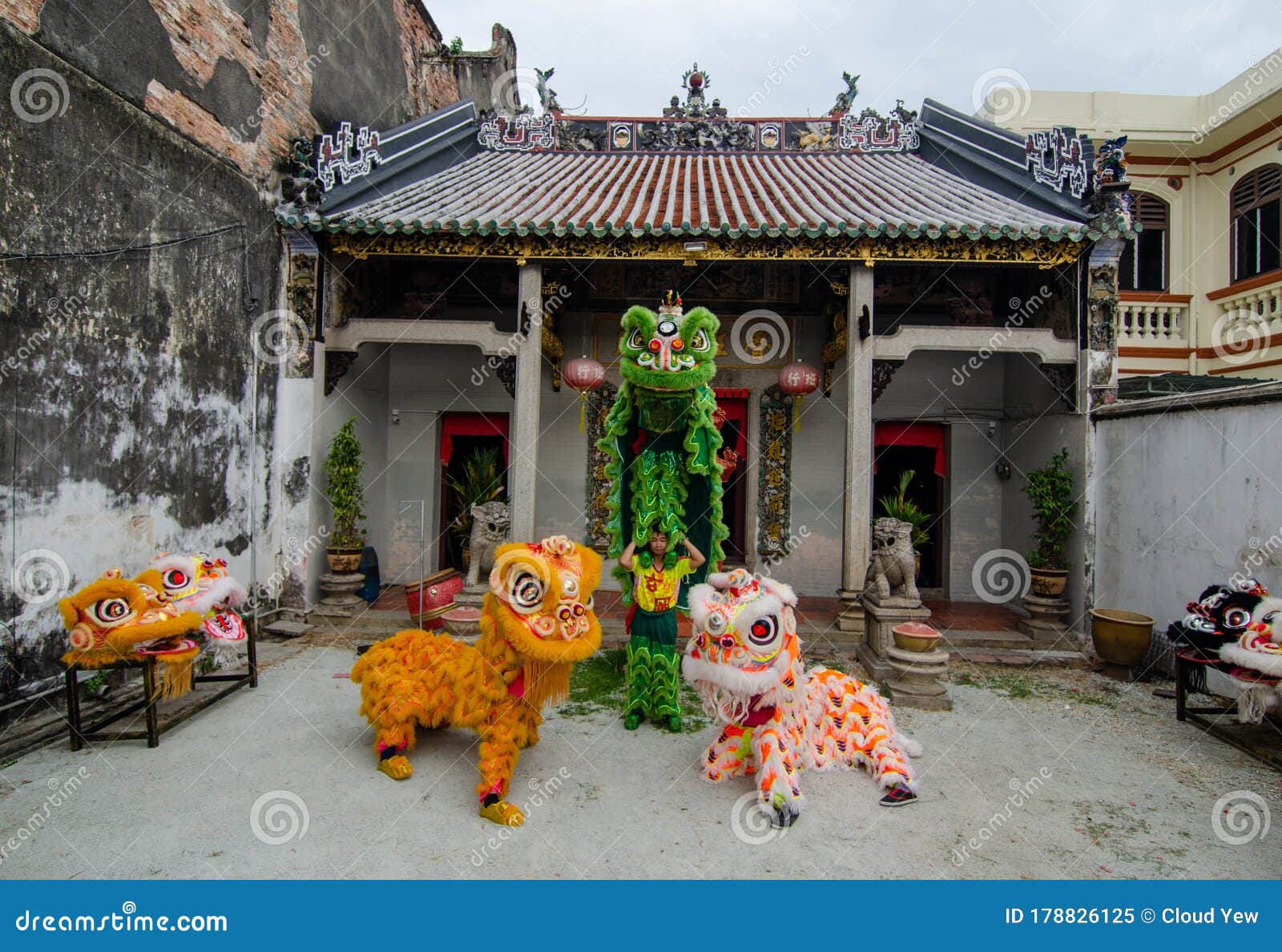A Lion Dance Stack and Stand in Front of Chinese Temple. Editorial ...