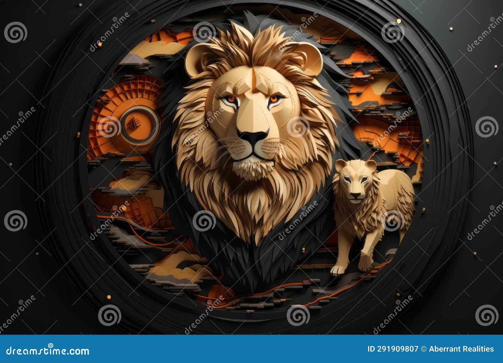A Lion and a Dog in a Circular Frame on a Black Background Stock ...