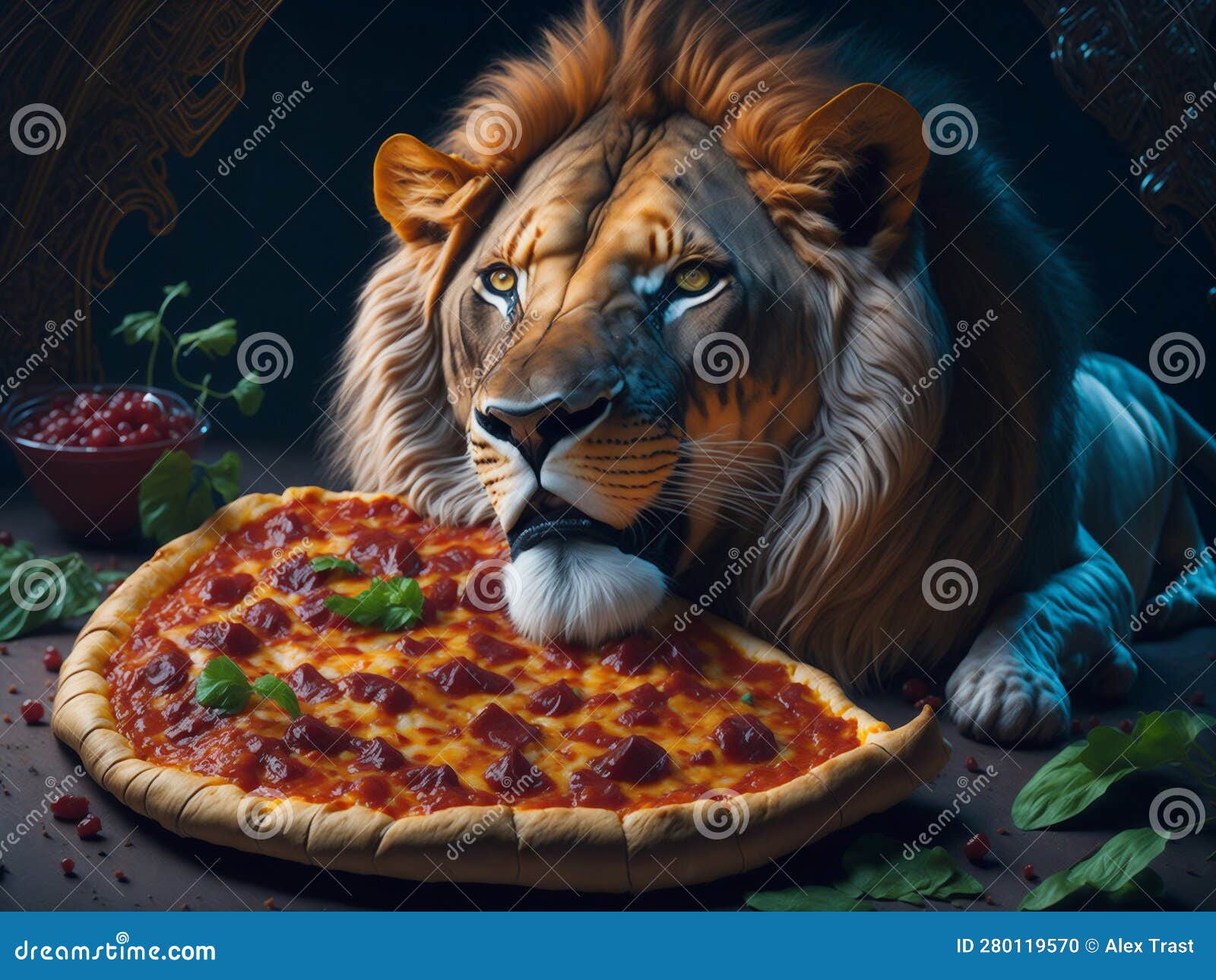 The Lion Eats a Big Pizza. Created by AI Stock Illustration ...