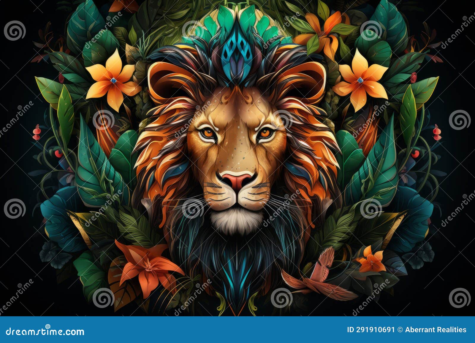 Lion with Flowers and Leaves on a Black Background Stock Illustration ...